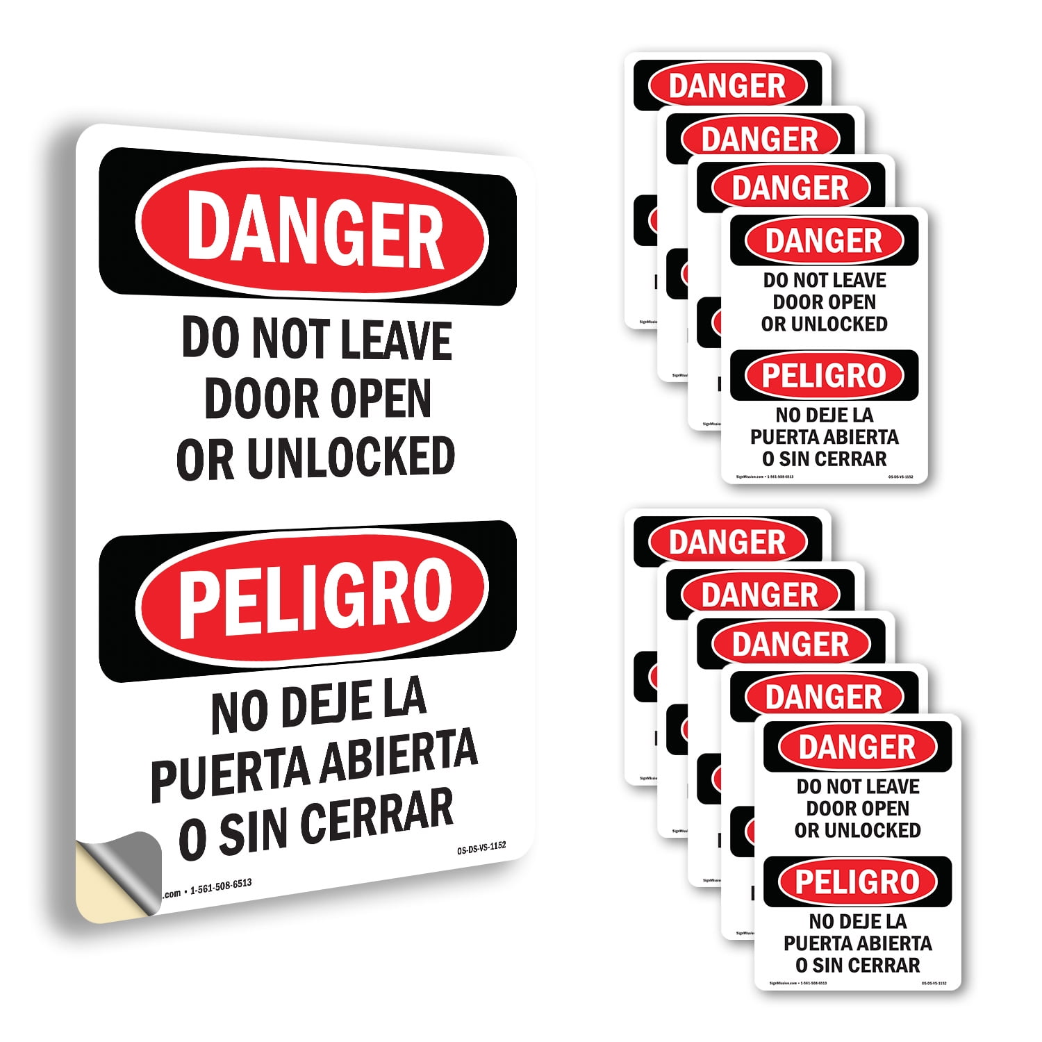 Do Not Leave Door Open Or Unlocked Bilingual OSHA Danger Vinyl Decal ...