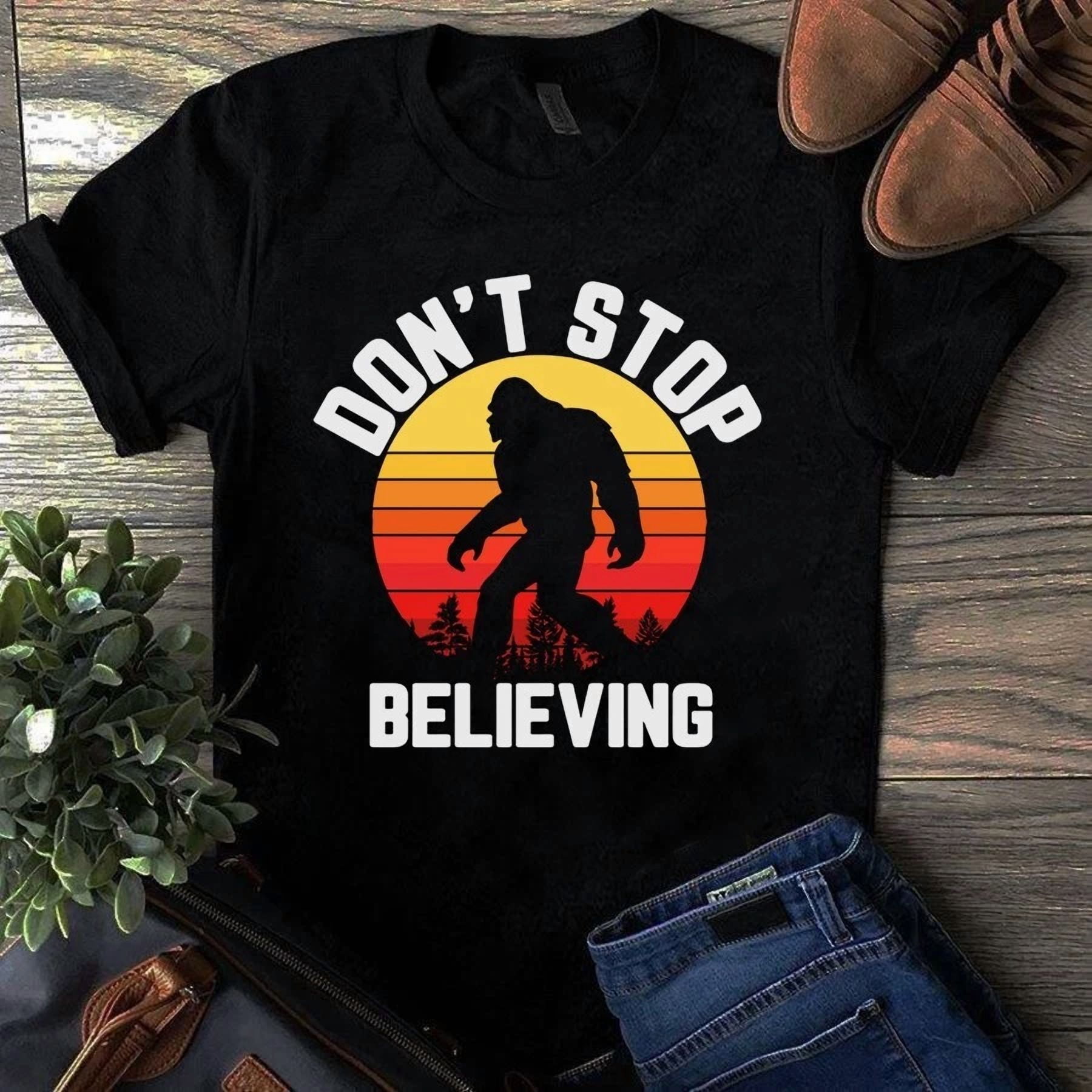 Do Not Stop Believing Bigfoot Camping Retro Graphic Tee Shirt Gift Idea ...