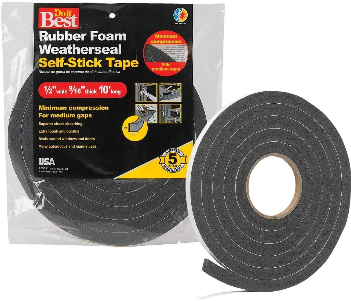 Do it Best Sponge Rubber Weatherstrip Tape, 1/2X9/16"X10' BLK TAPE ...