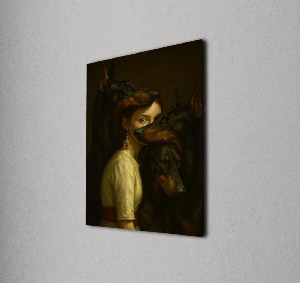 Doberman Dog Wall Art, Gothic Woman Portrait, Dark Pet Lovers Decor ...