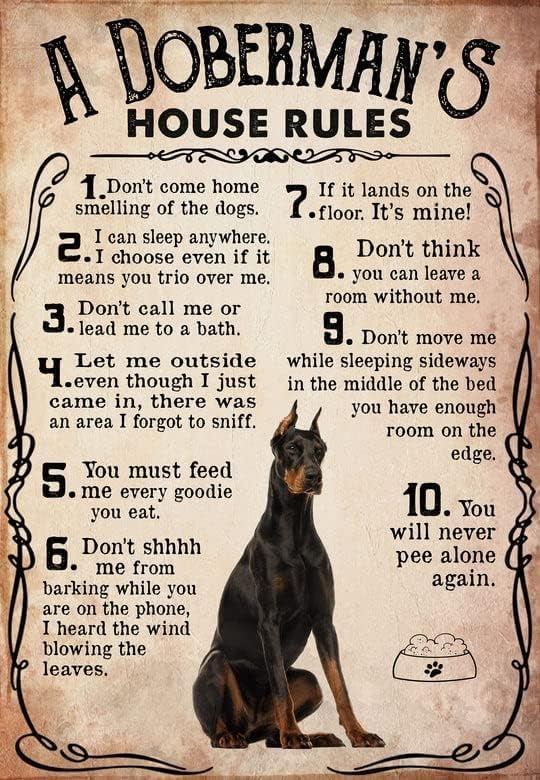 Doberman Metal Tin Signs Vintage A Doberman's House Rules Retro Poster ...