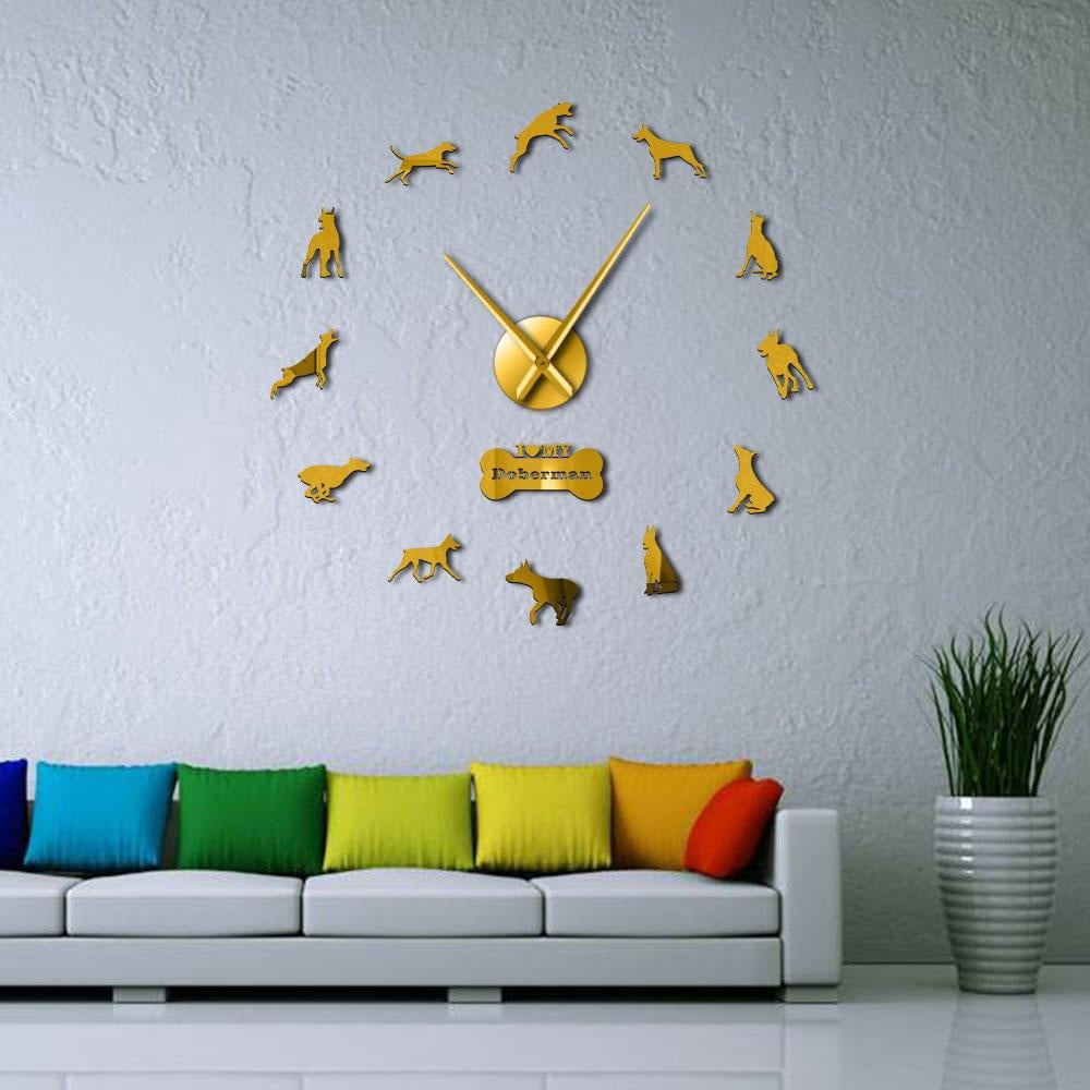 Doberman Pinscher DIY Acrylic Mirror Effect Big Wall Clocks Doberman ...