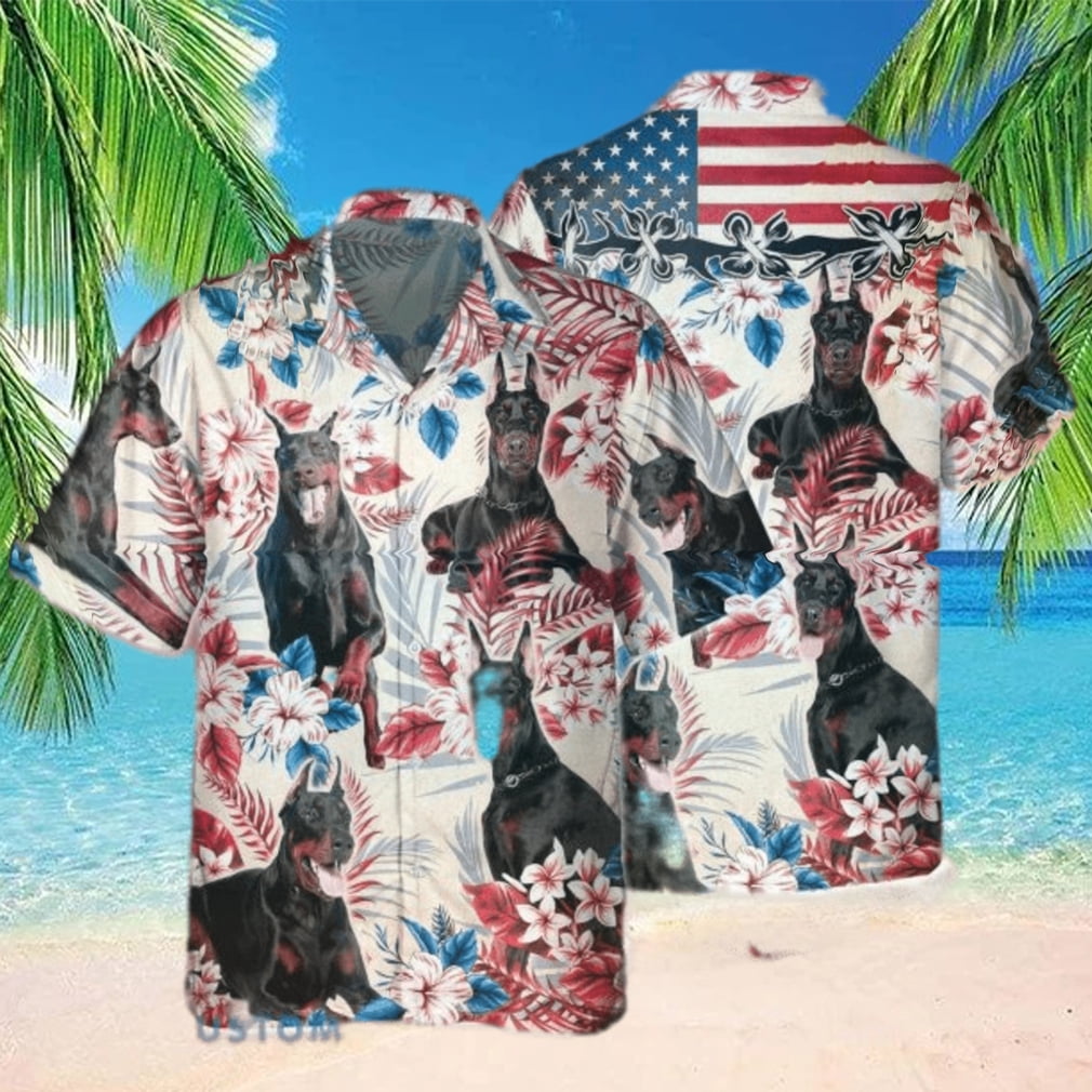 Doberman Pinscher Dog United States Flag With Flowers Hawaiian Shirt ...