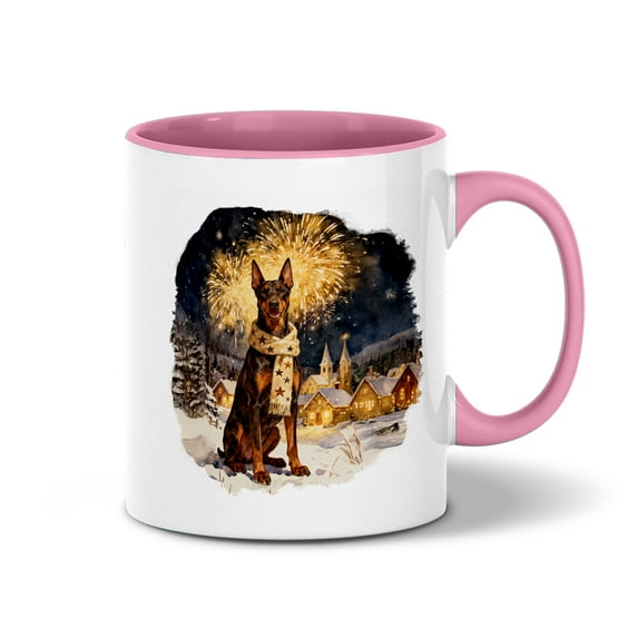 Doberman Pinscher Happy New Year 2026 with Fireworks on New Year's Eve 11oz Accent Two-tone Mug ...