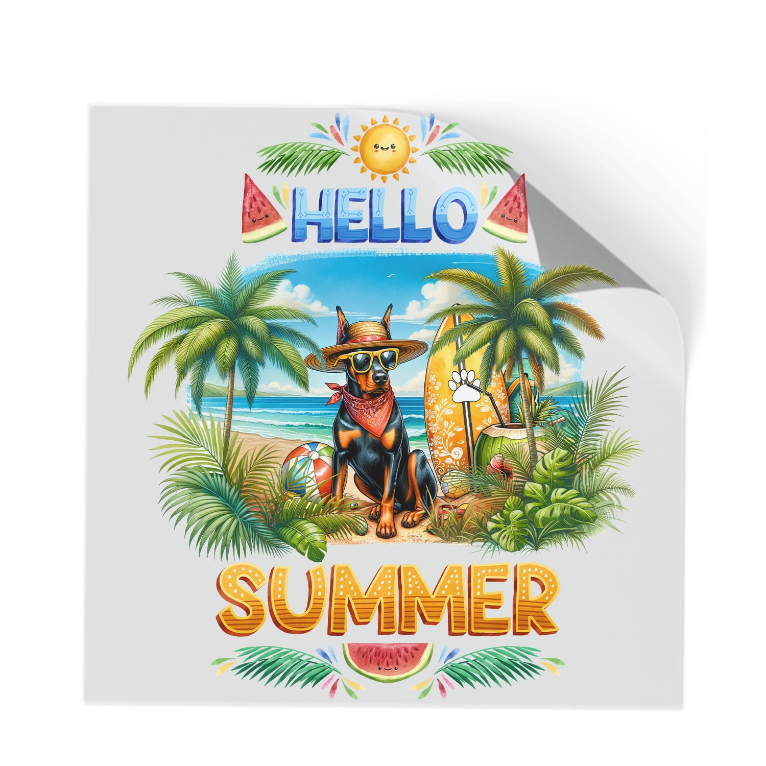 Doberman Pinscher Hello Summer with Sunglasses and Surfboard Tropical ...
