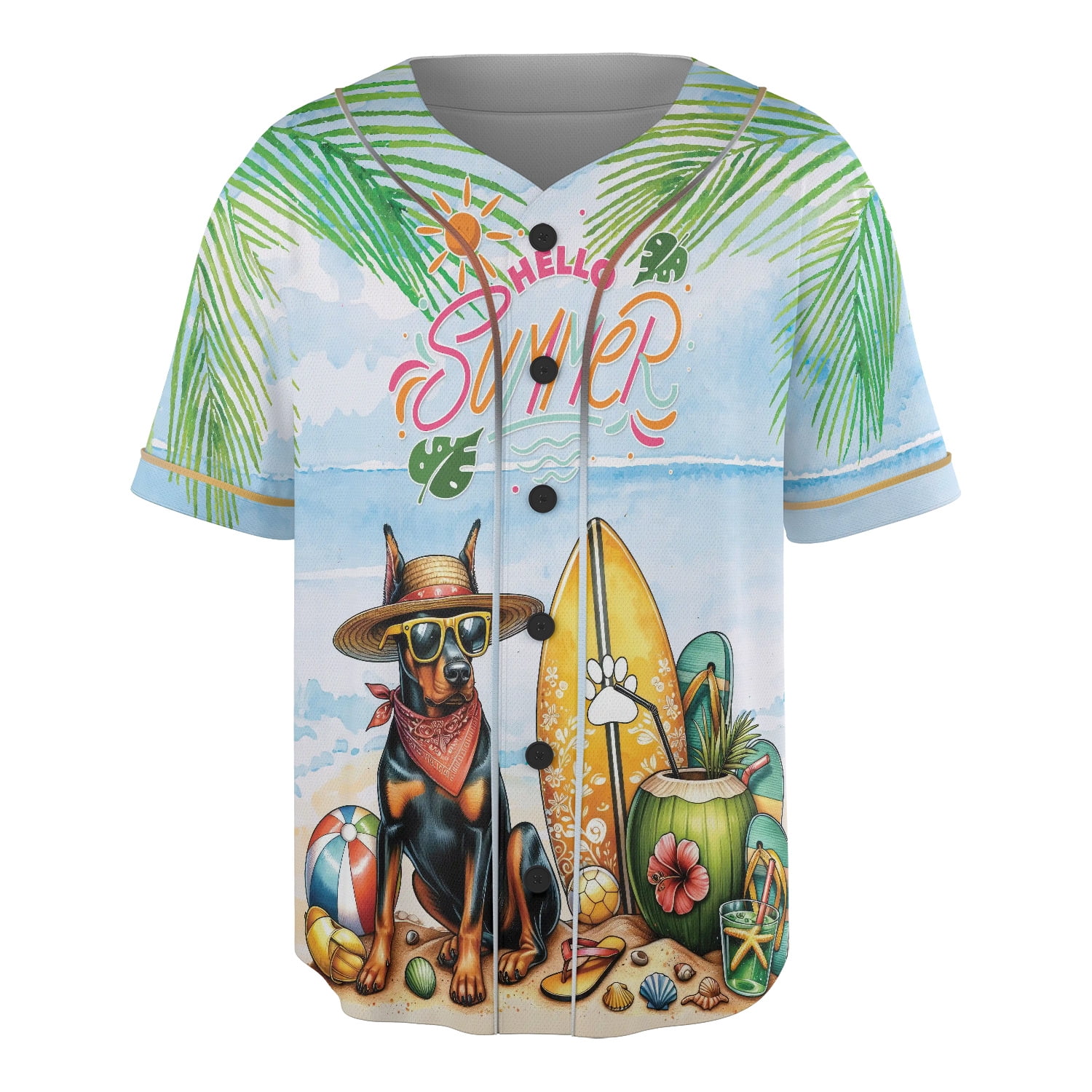 Doberman Pinscher Hello Summer with Sunglasses and Surfboard Tropical ...