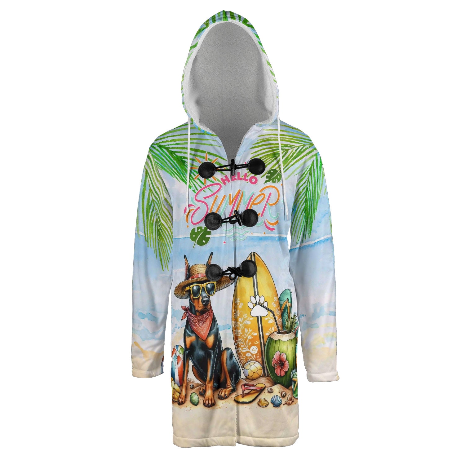 Doberman Pinscher Hello Summer with Sunglasses and Surfboard Tropical ...