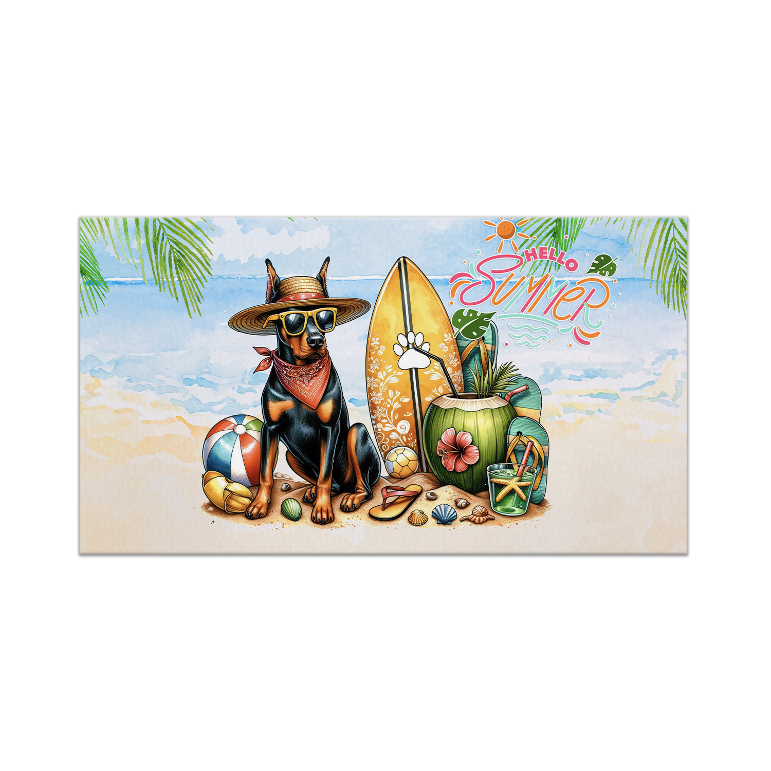 Doberman Pinscher Hello Summer with Sunglasses and Surfboard Tropical ...