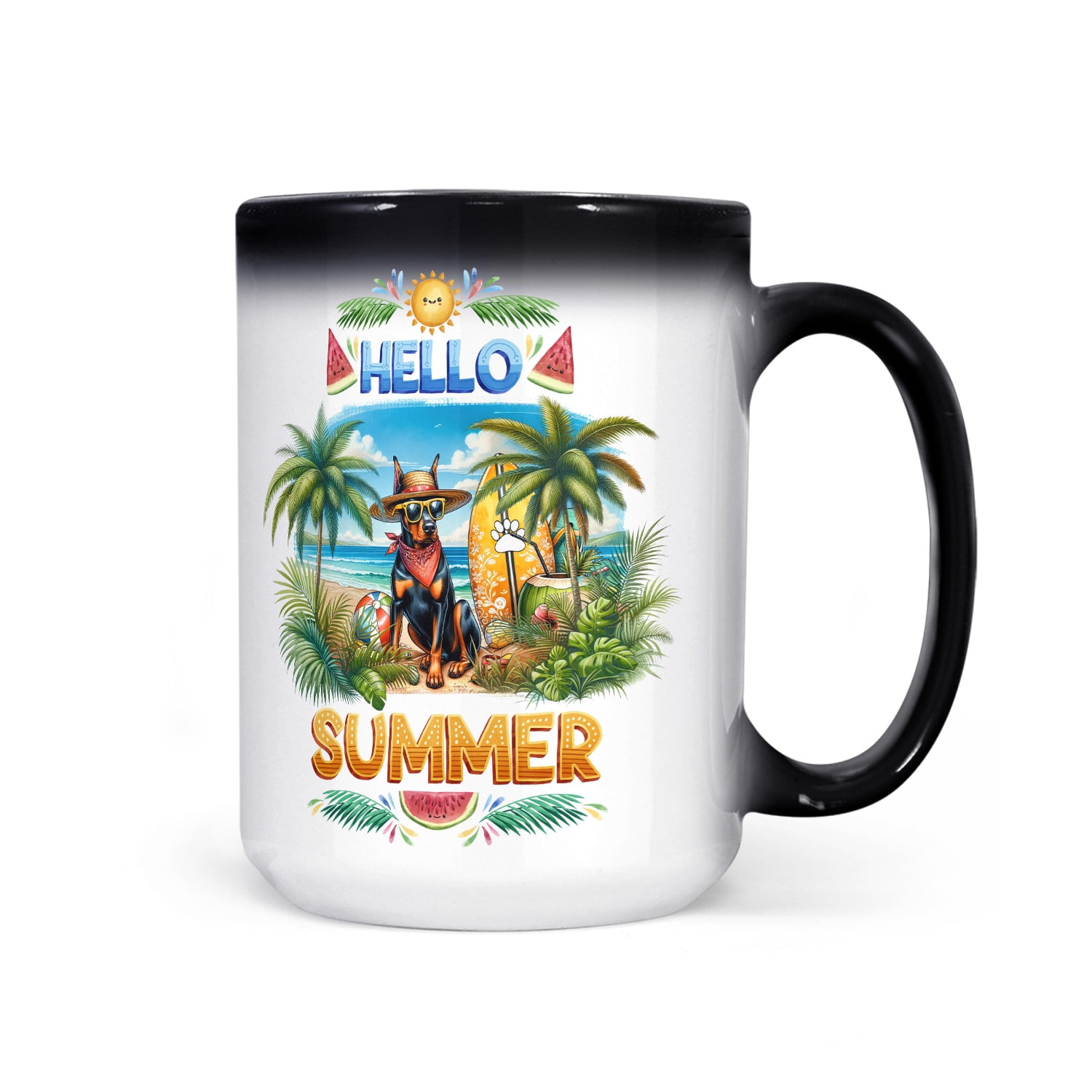 Doberman Pinscher Hello Summer with Sunglasses and Surfboard Tropical ...