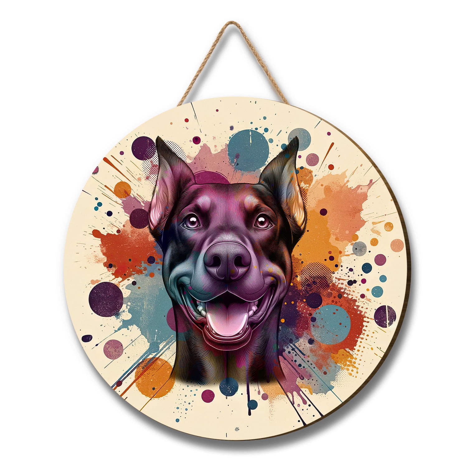 Doberman Pinscher Portrait Watercolor Vintage Retro Styles Round Wood ...