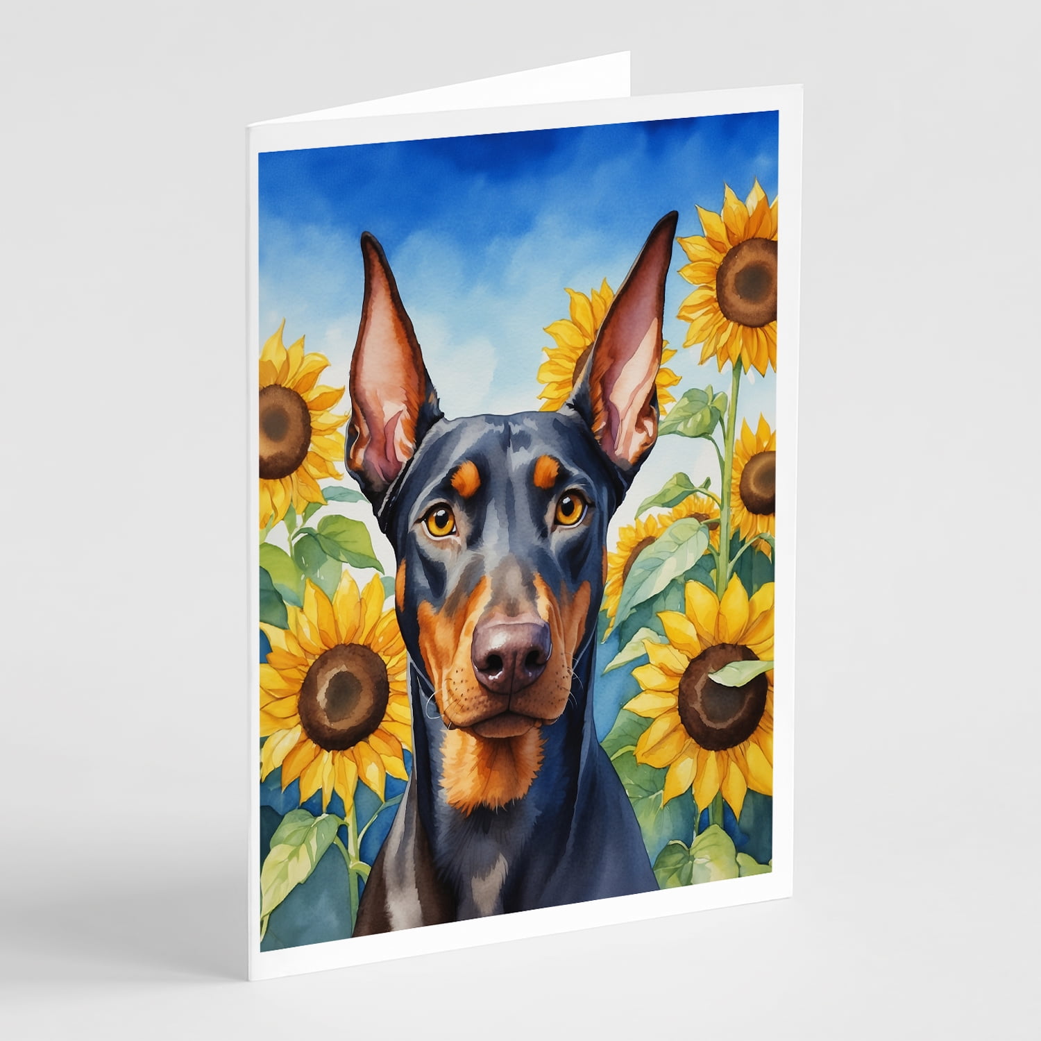 Doberman Pinscher in Sunflowers Greeting Cards Pack of 8 7 in x 5 in ...