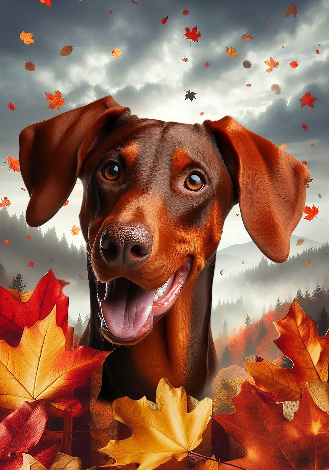 Doberman Red Uncropped - Best of Breed Fall Leaves Outdoor House Flag ...