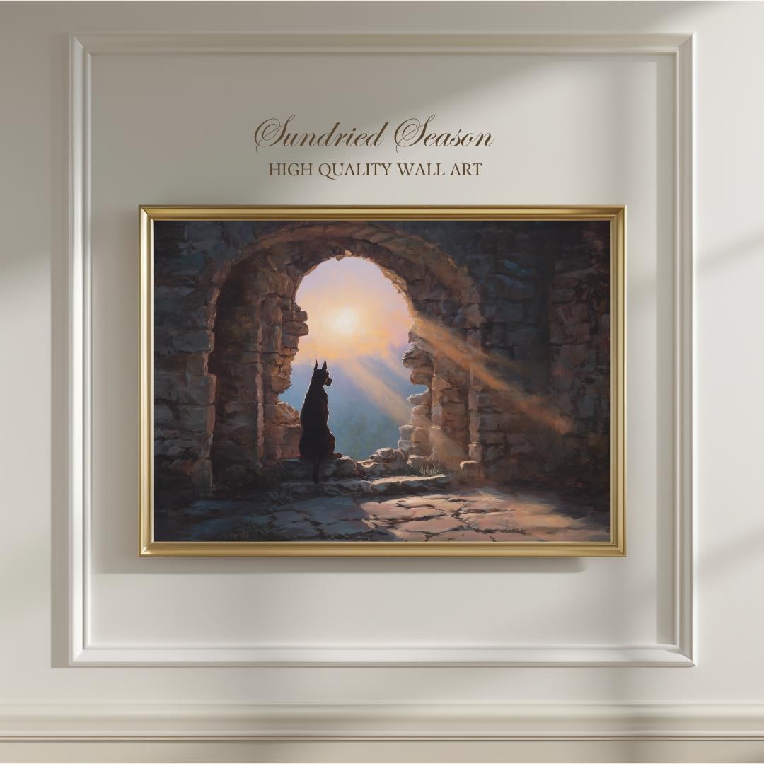 Doberman At Sunset Print, Moody Dog Silhouette In Stone Ruins ...