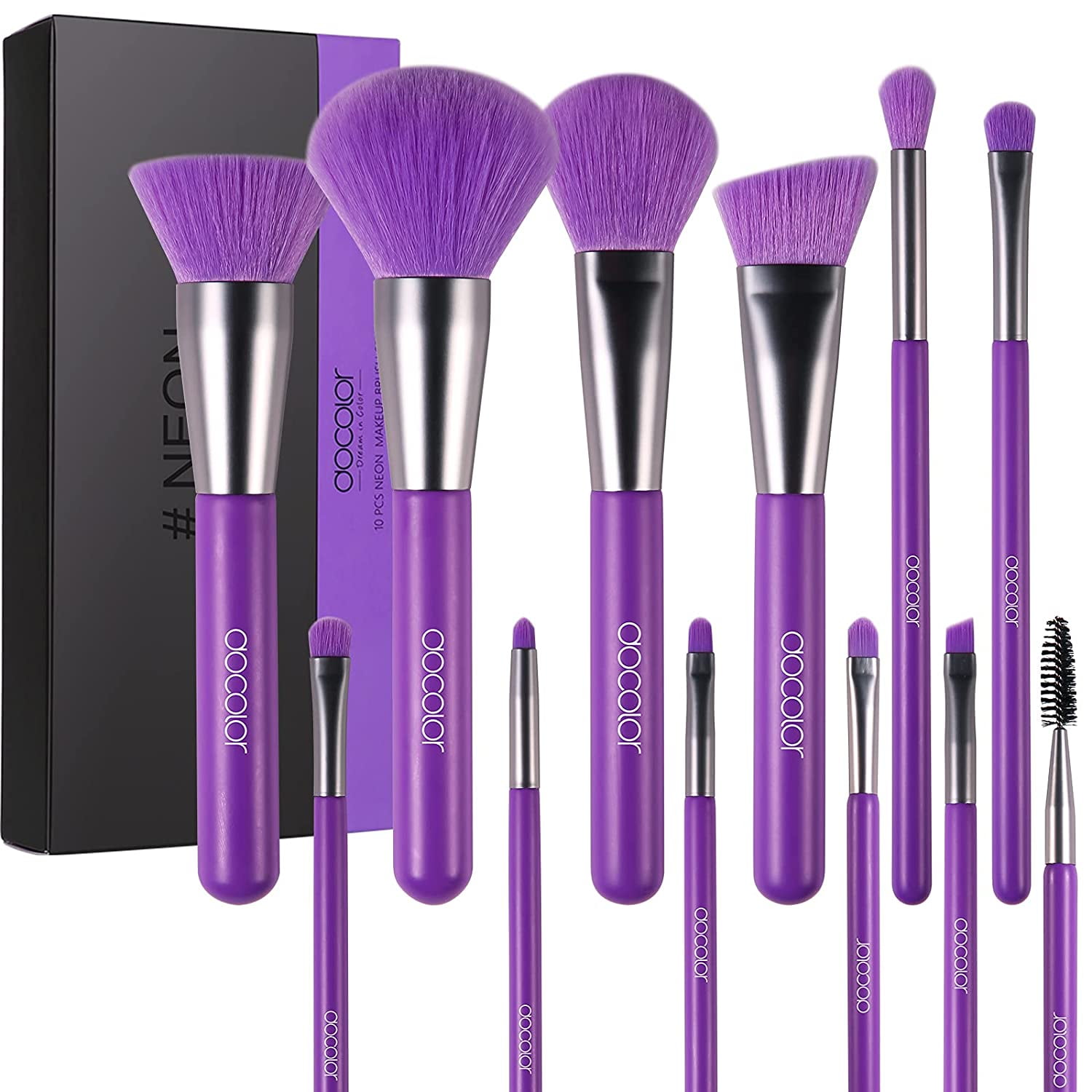 Docolor 10Pcs Neon Purple Makeup Brush Set, Synthetic Kabuki Foundation ...