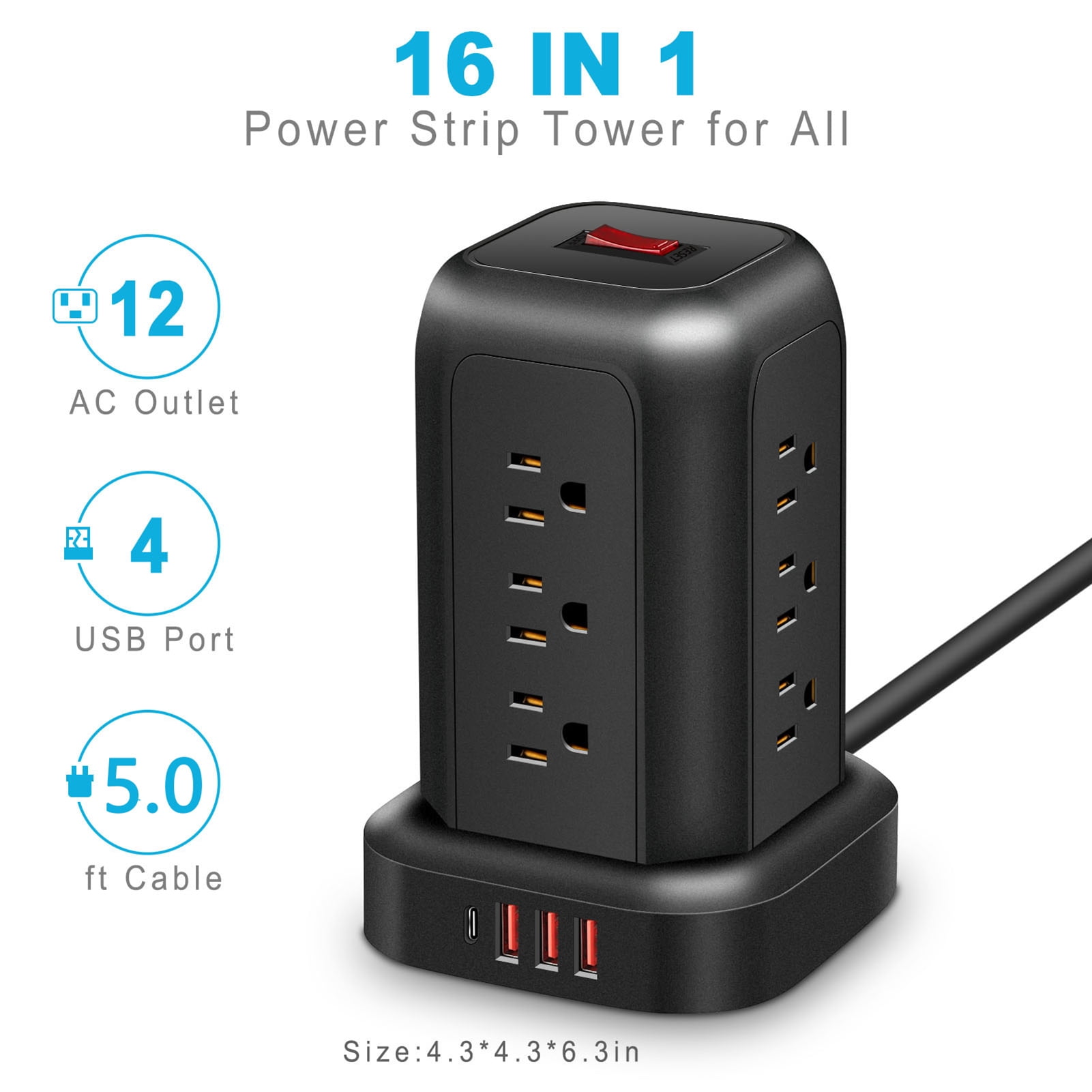 Docooler Power Strip Tower, 12 Outlets, 4 USB Ports, 5ft Extension Cord ...