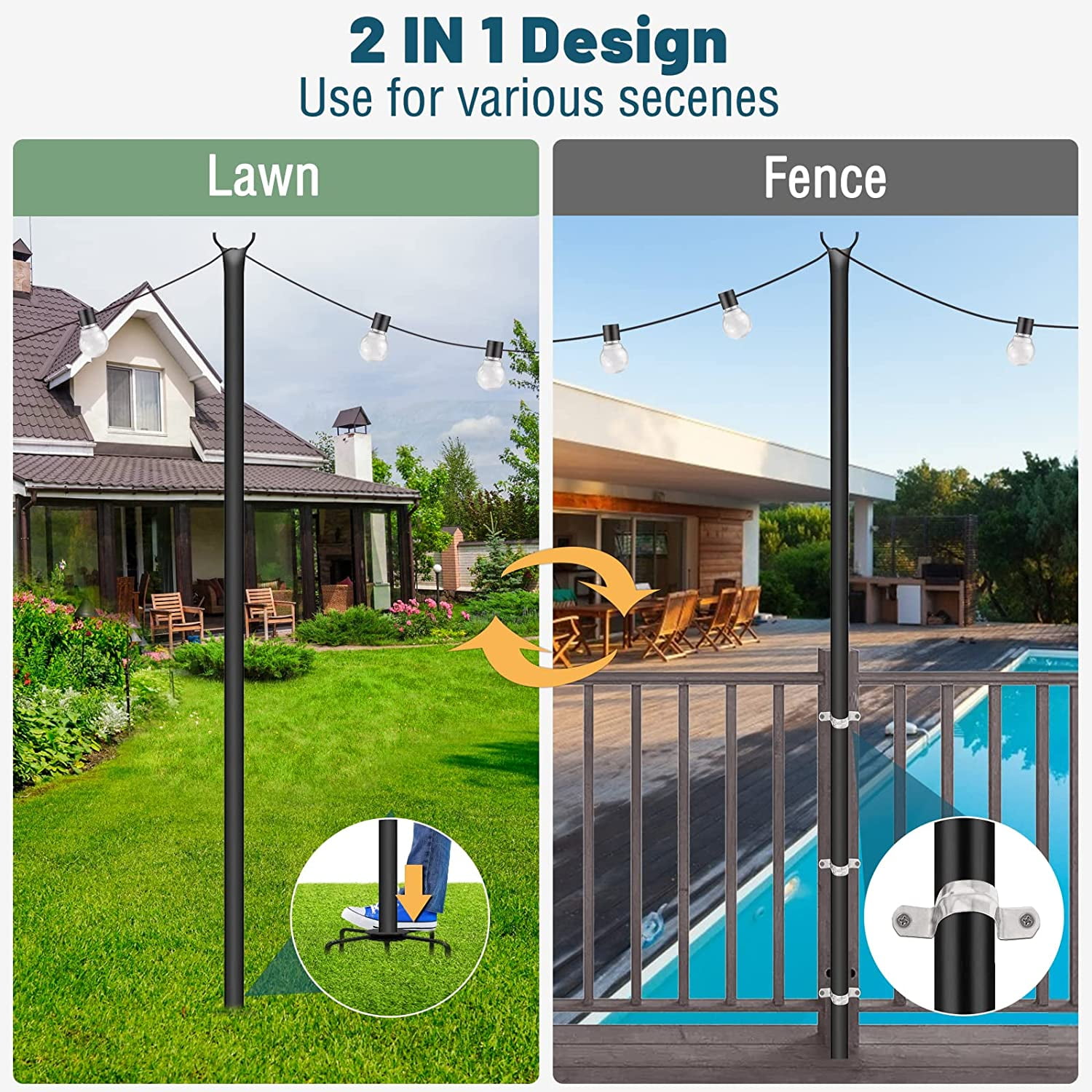 Docred 2PACK Outdoor String Light Poles, 9ft Steel Powder Coated Sun ...