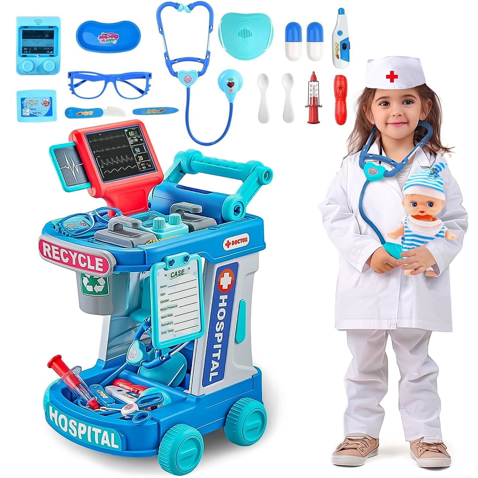Caunedy Doctor Pretend Playset for Toddlers with Cart, Costume and ...