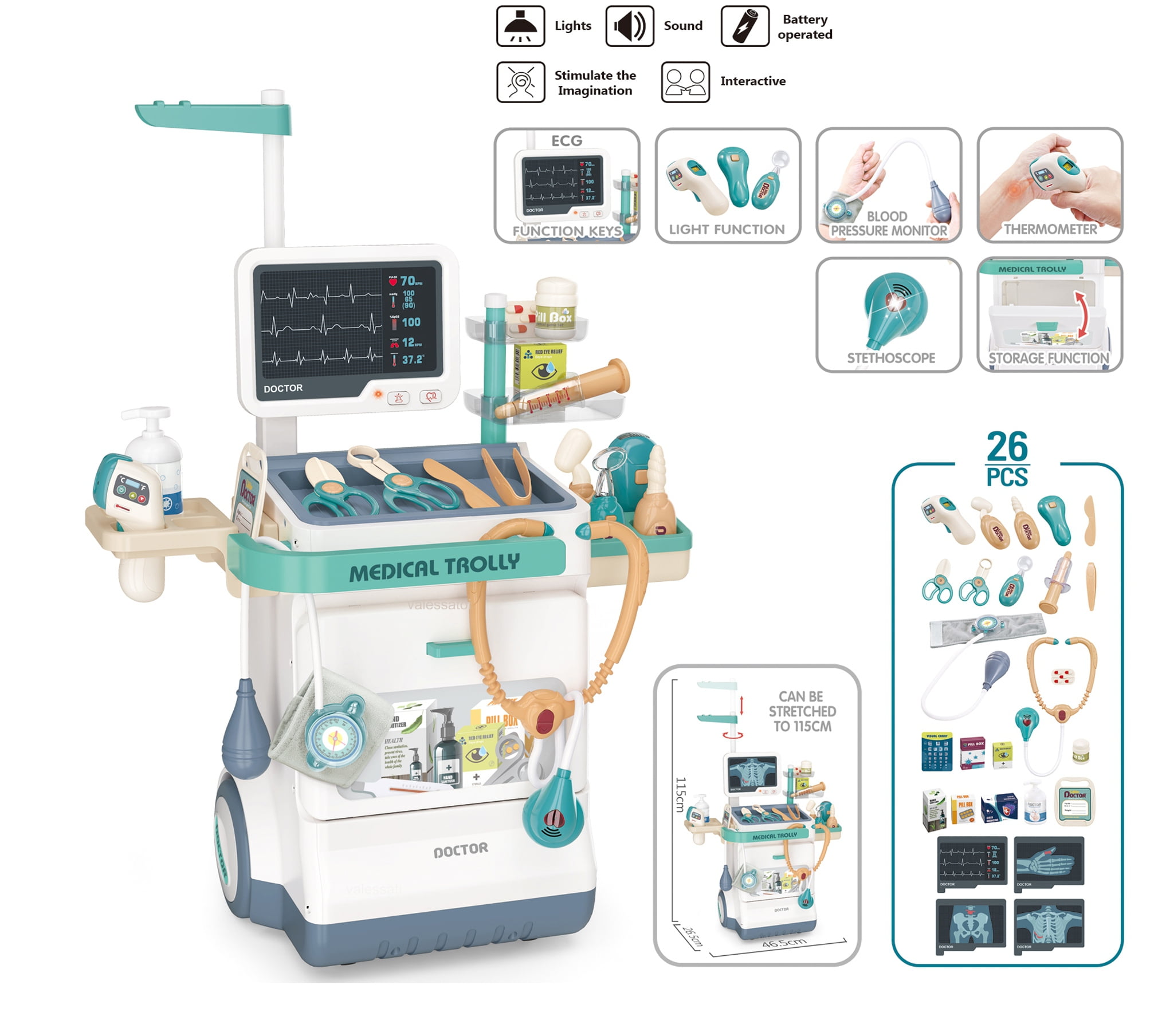 Doctor Set Plastic ABS Medical Station Toy Mobile Cart for Toddlers Age ...