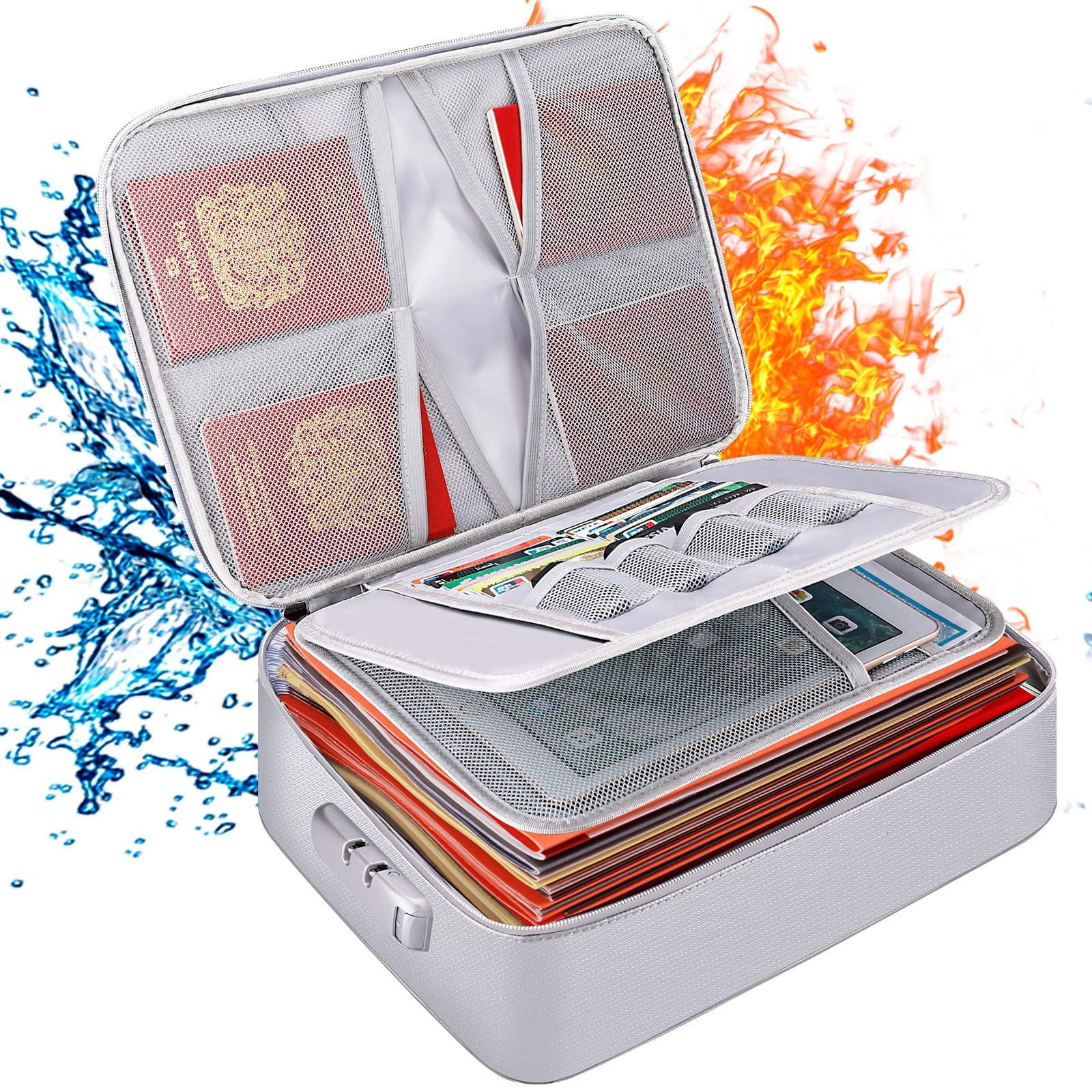Document Bag with Lock,Fireproof 3-Layer File Storage Case with Water ...