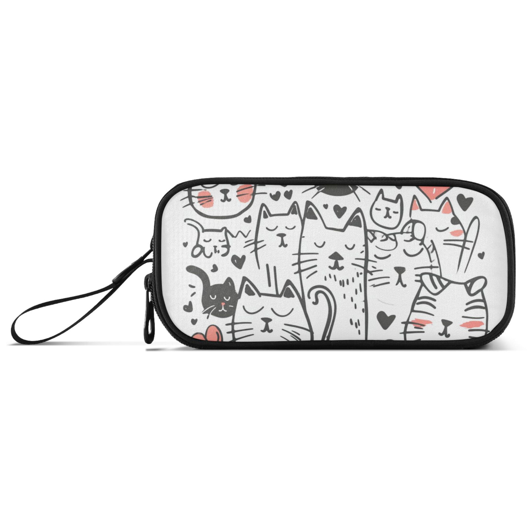 Doddle Cats Cutie Hearts Line Art Pencil Case Stationary Holder Pen Bag ...