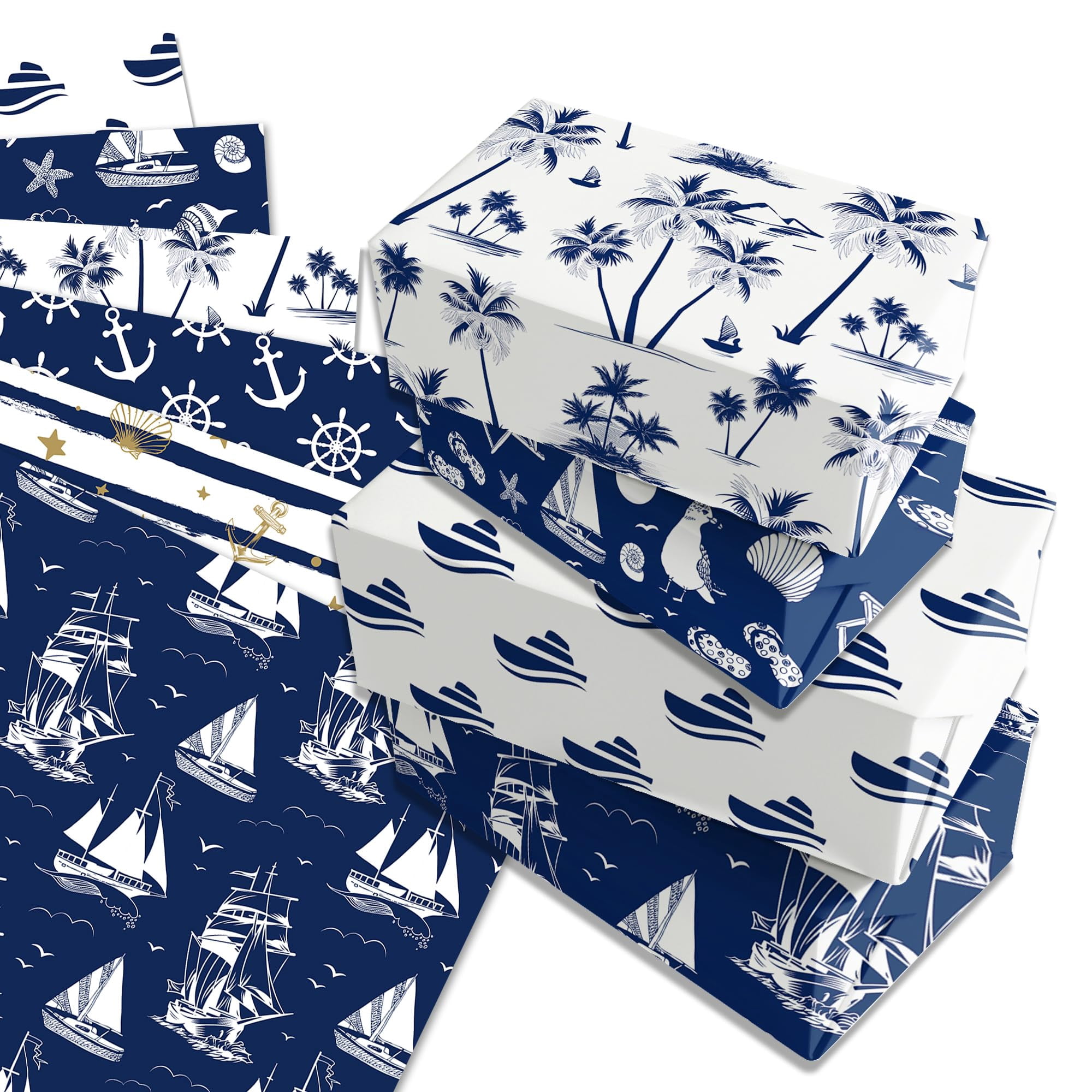 DodelyGz 12 Sheets Nautical TSF6 Theme Gift Wrapping Paper, Navy Anchor ...