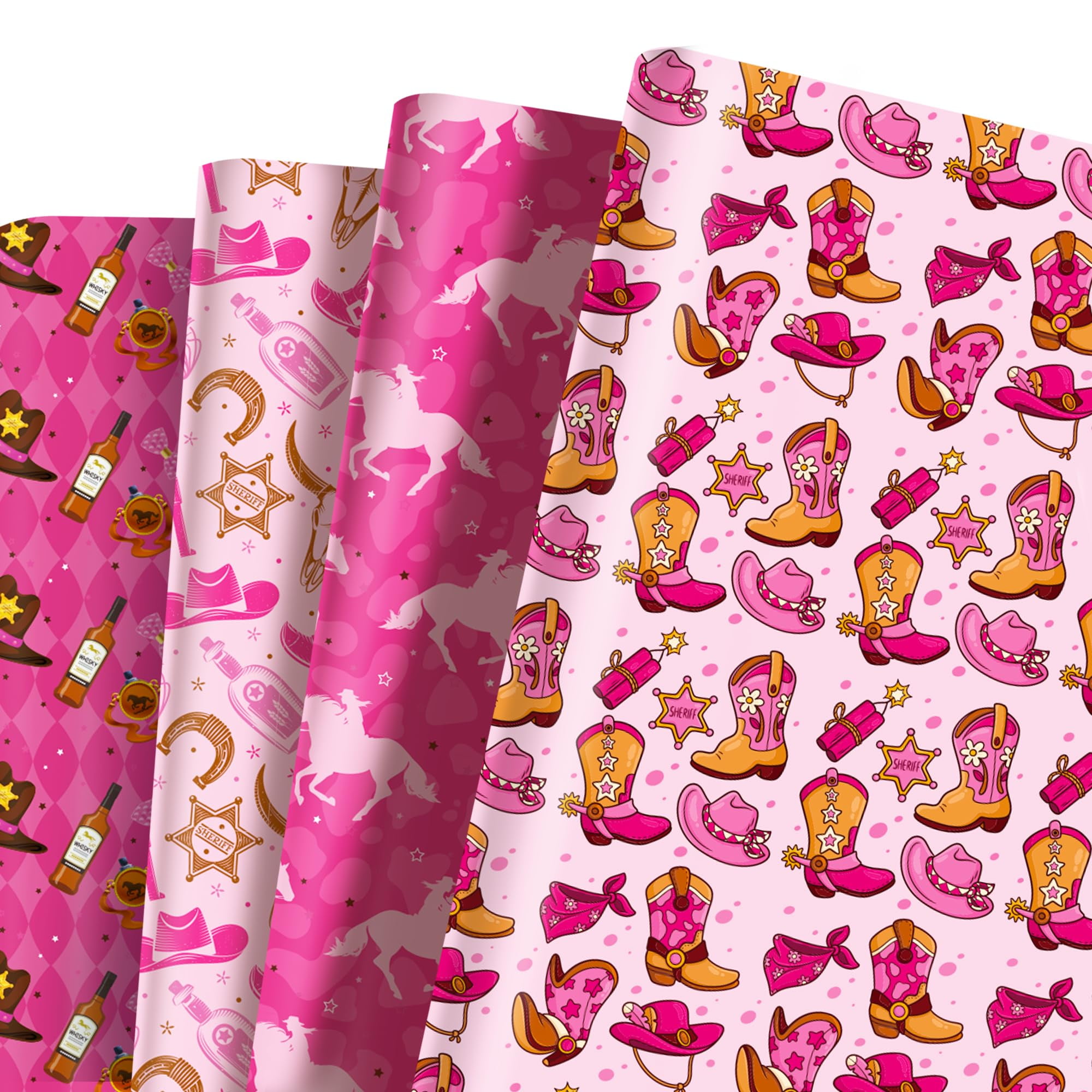 DodelyGz 12 Sheets Western TSF6 Cowgirl Gift Wrapping Paper,4 Designs ...