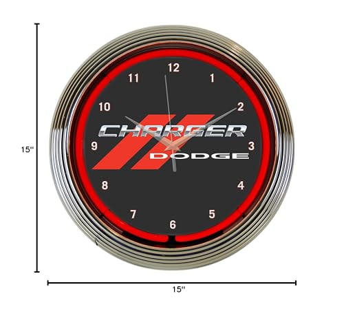 Dodge Charger Red Neon Clock 15 Inch Diameter with Chrome Rim and Red ...