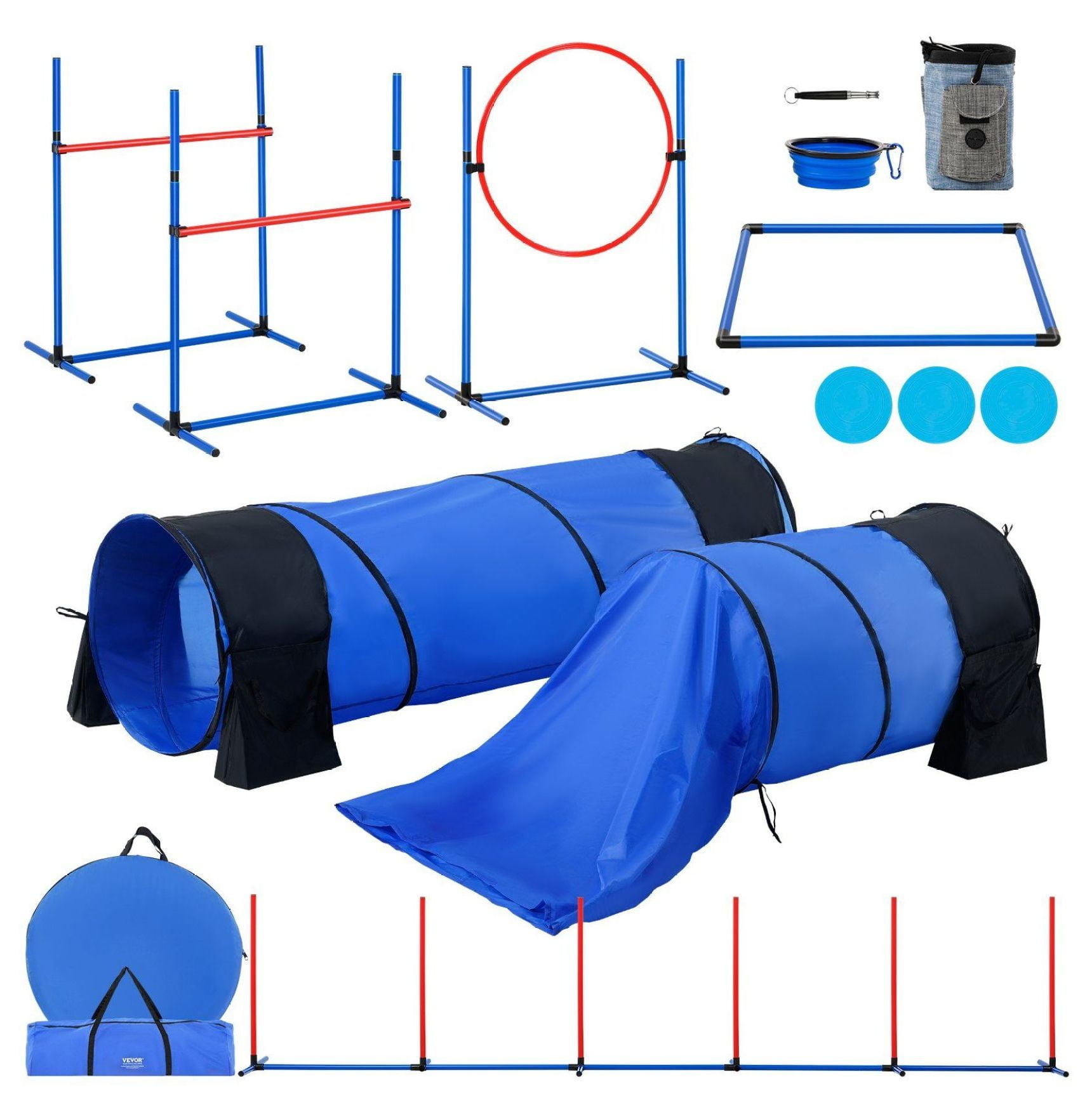 Dog Agility Training Equipment 7 PCS Set w/ Hurdles 2 Tunnels Jump Ring ...