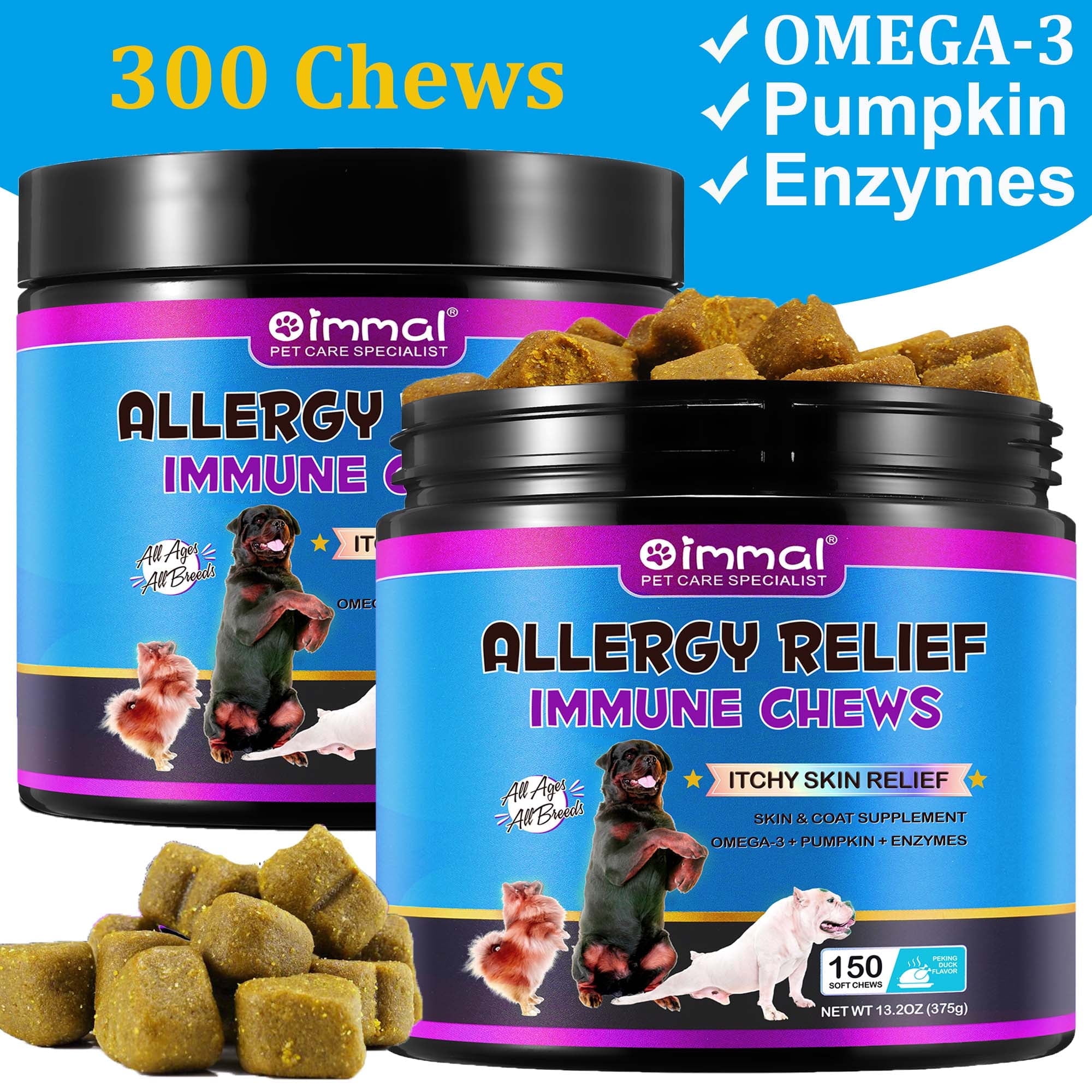 Dog Allergy Relief Treats Immune Support 300 Chews,Itchy Skin Relief ...