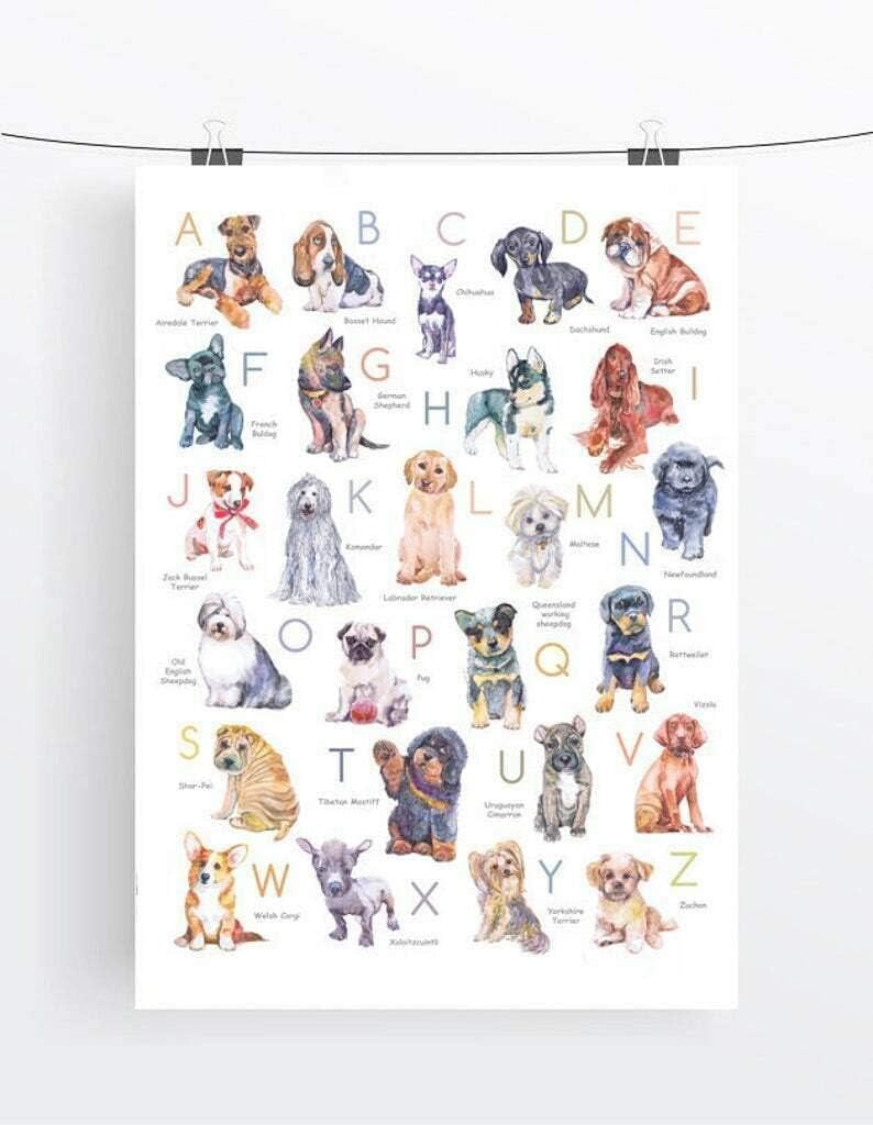 Dog Alphabet Poster Abc Animals Watercolor Alphabet Nursery Art ...