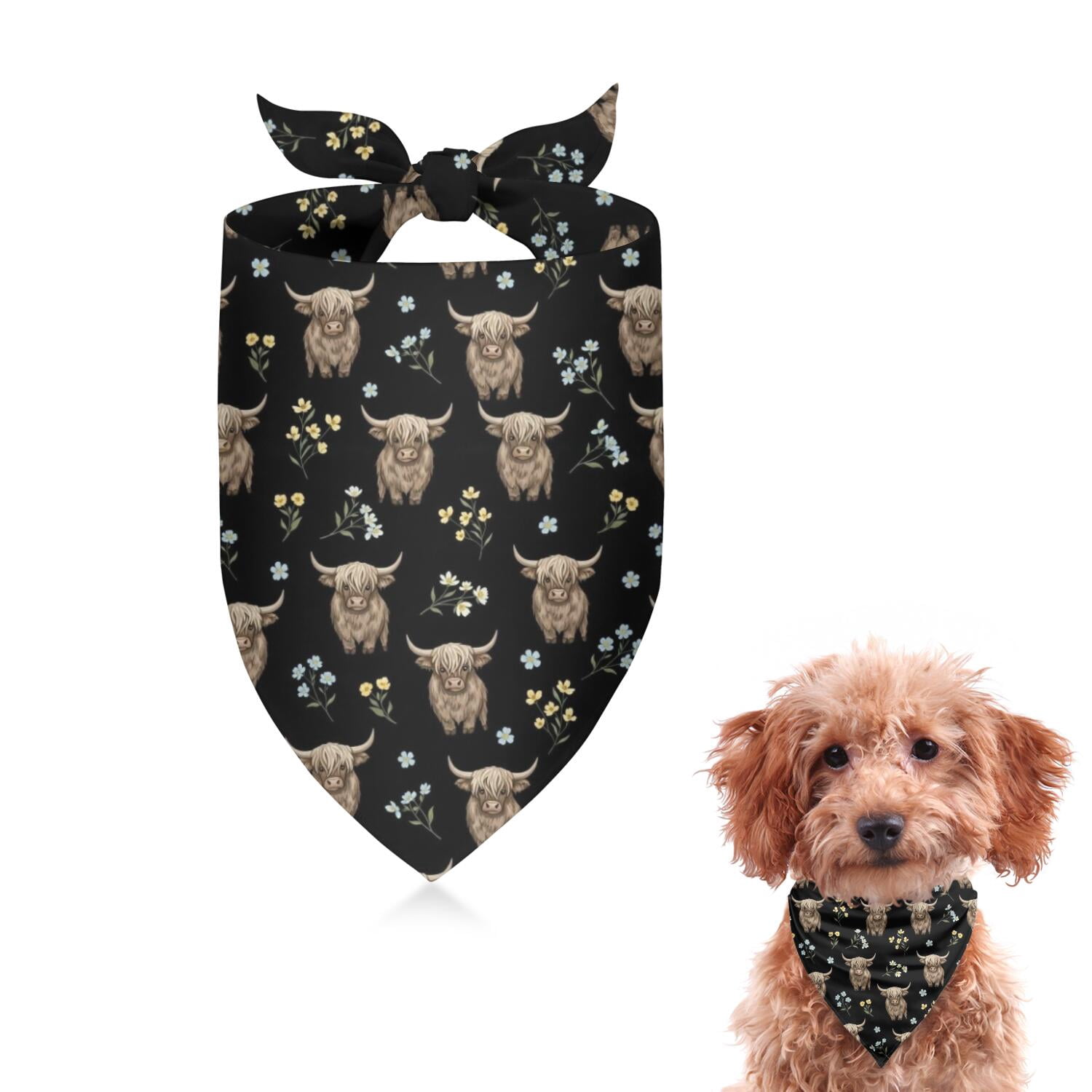 Dog Bandana 1 Pack,Black Highland Cow Flower Pattern Bandanas for Dogs ...