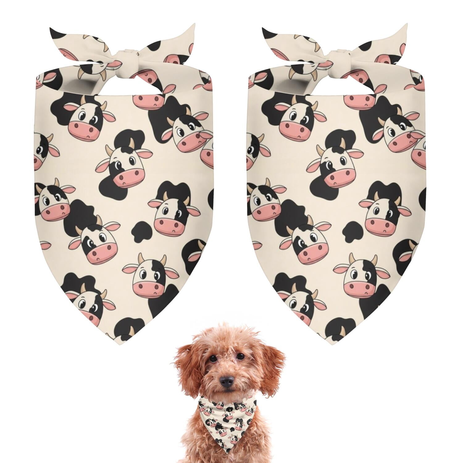 Dog Bandana 2 Pack,Beige Cow Head Pattern Bandanas for Dogs,Cat Bandana ...