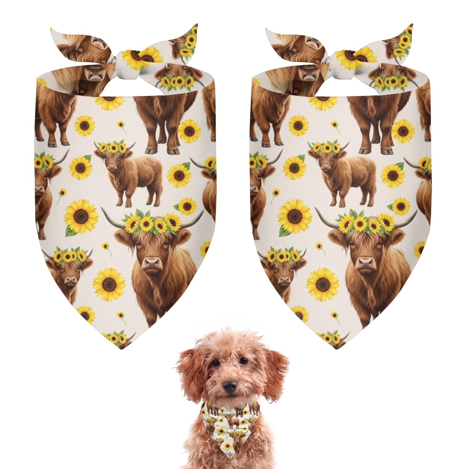 Dog Bandana 2 Pack,Beige Highland Cow Sunflower Pattern Bandanas for ...
