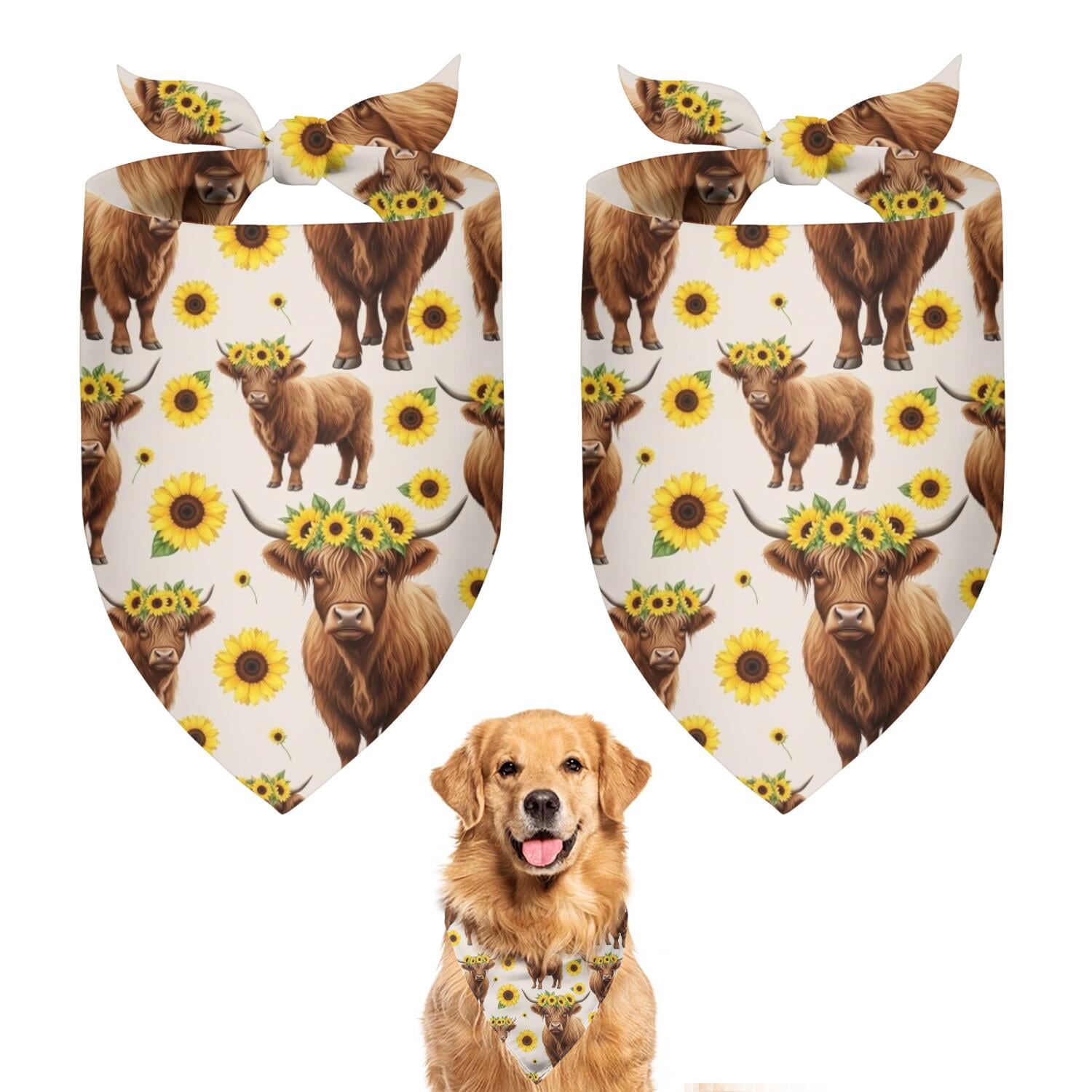 Dog Bandana 2 Pack,Beige Highland Cow Sunflower Pattern Bandanas for ...