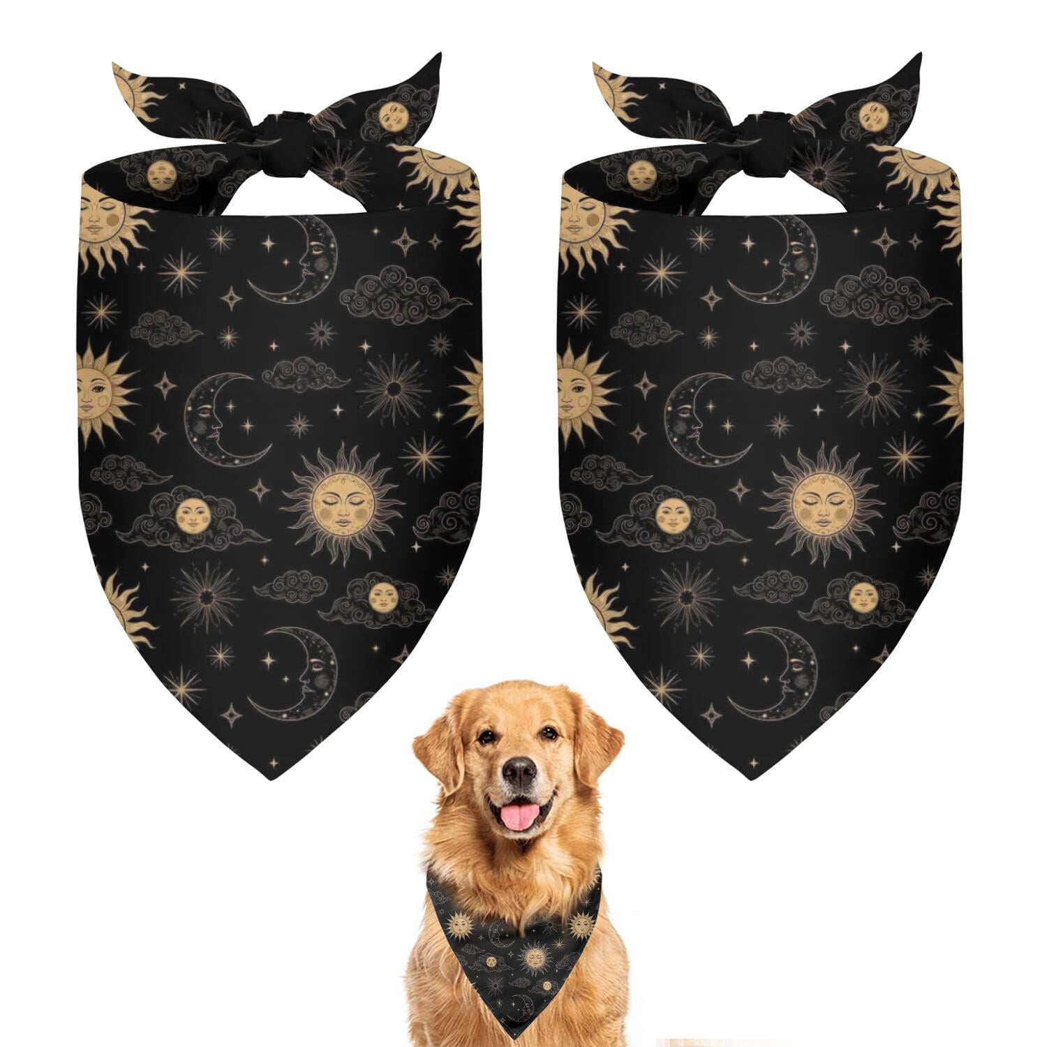 Dog Bandana 2 Pack,Black Gold Sun Moon Cloud Pattern Bandanas for Dogs ...