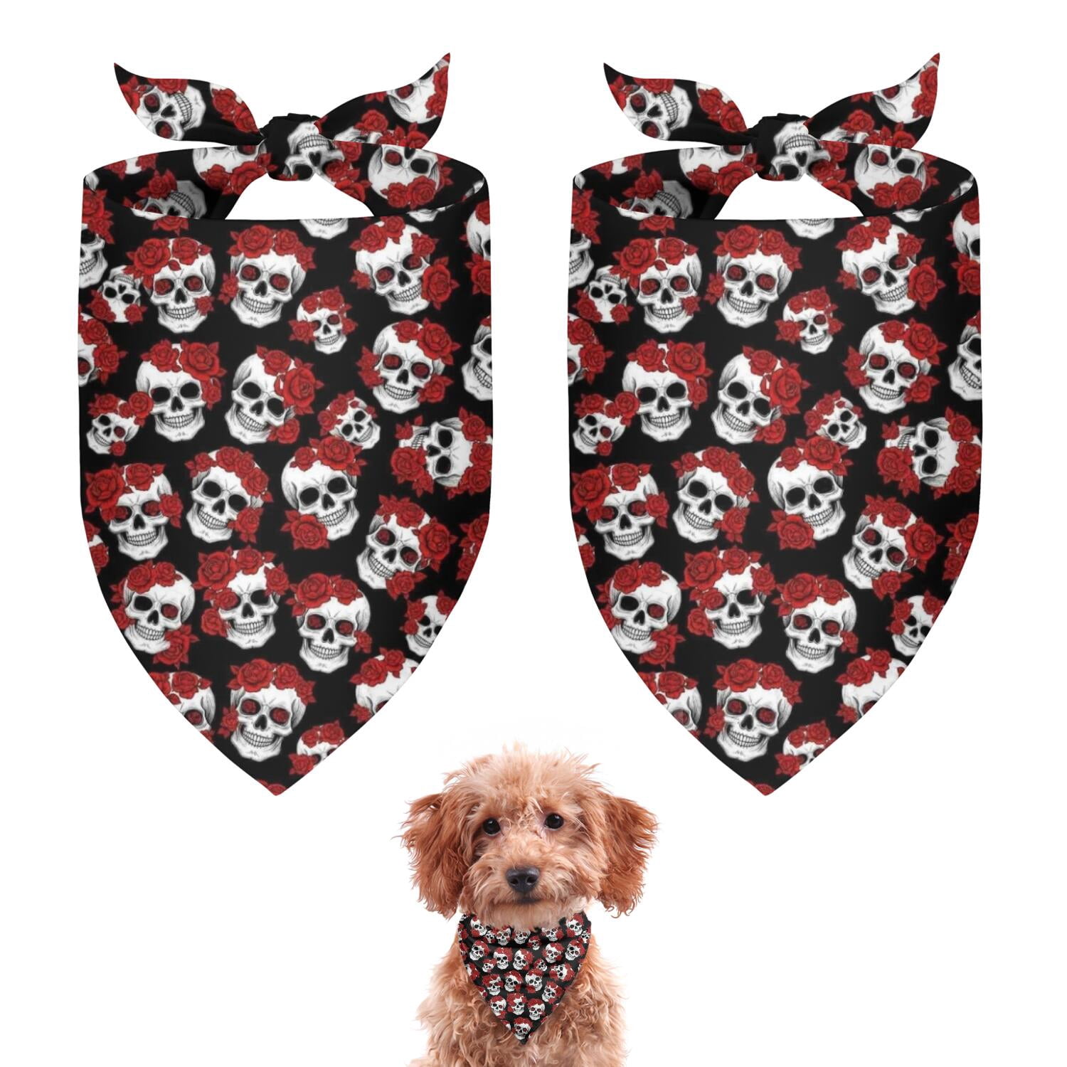 Dog Bandana 2 Pack,Black Red Rose Skull Pattern Bandanas for Dogs,Cat ...