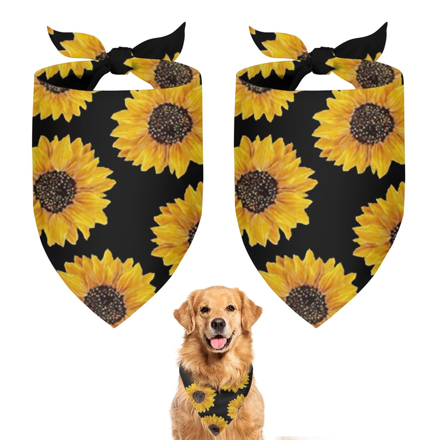 Dog Bandana 2 Pack,Black Yellow Sunflower Pattern Bandanas for Dogs,Cat ...