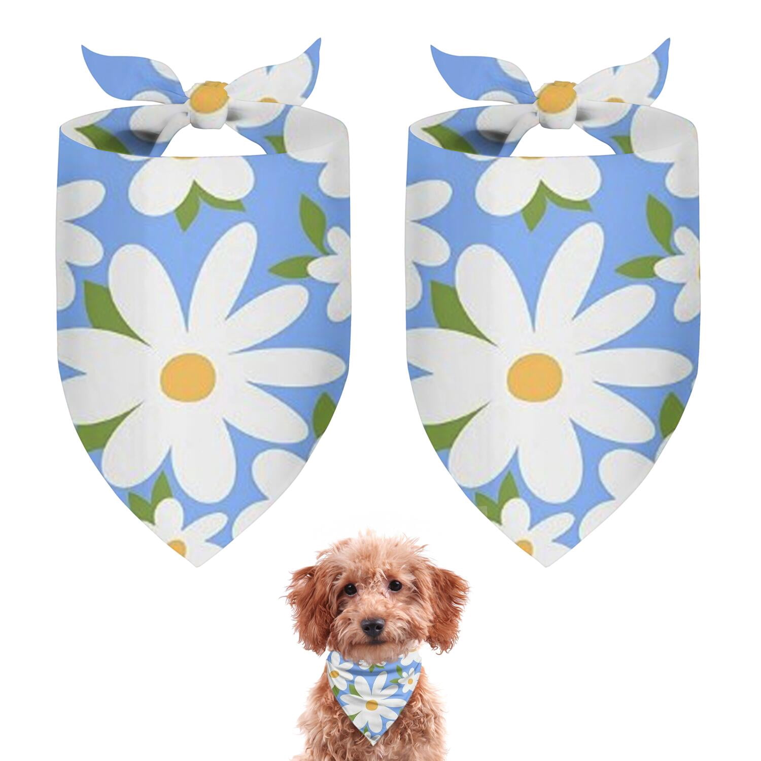 Dog Bandana 2 Pack,Blue Daisy Flower Green Leaves Pattern Bandanas for ...
