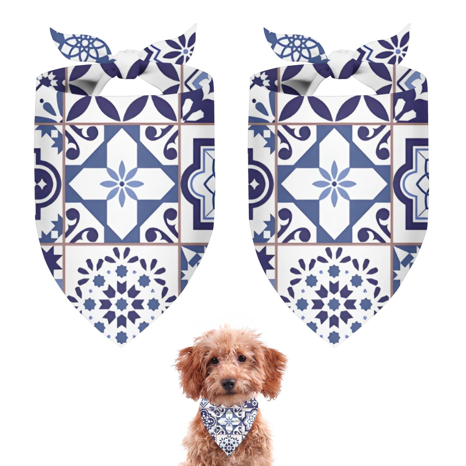 Dog Bandana 2 Pack,Blue Ethnic Geometric Patchwork Pattern Bandanas for ...