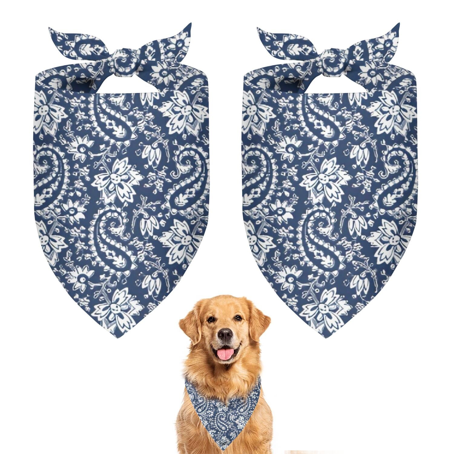 Dog Bandana 2 Pack,Blue Pioneer Flower and Paisley Pattern Bandanas for ...