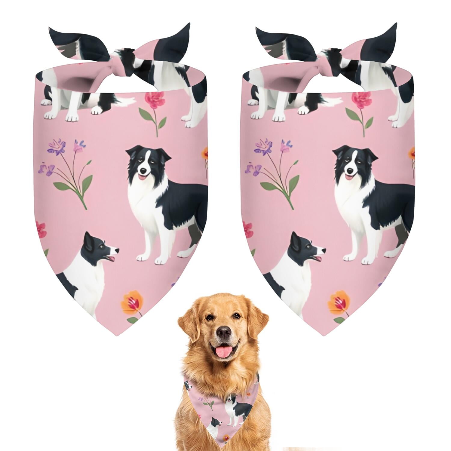 Dog Bandana 2 Pack,Border Collie Dogs with Pioneer Flower Bandanas for ...