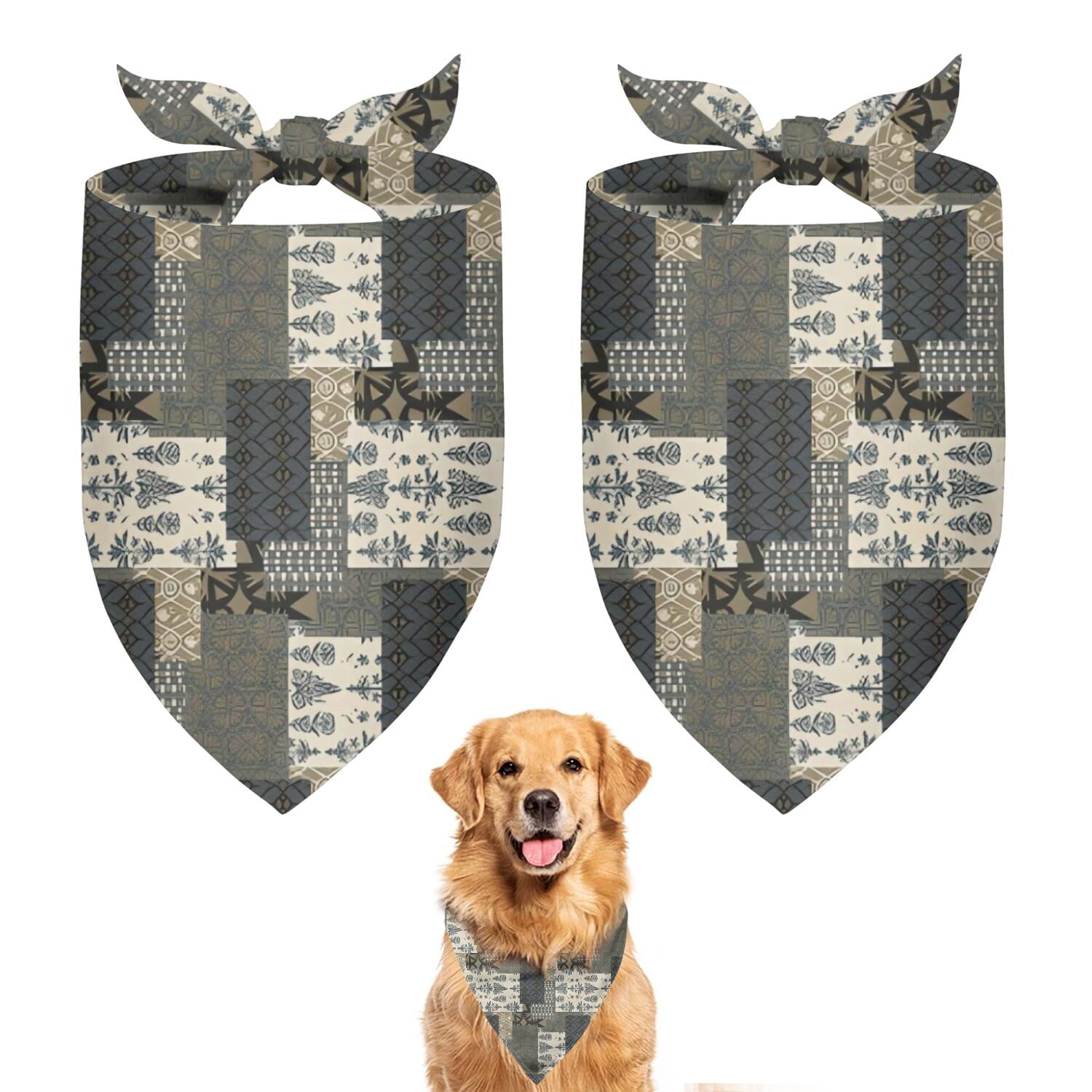 Dog Bandana 2 Pack,Brown Checkered Geometric and Floral Pattern ...