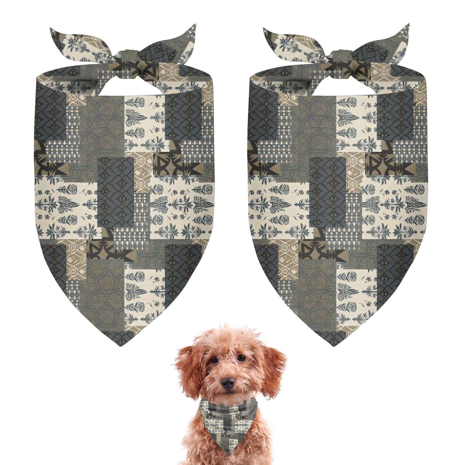 Dog Bandana 2 Pack,Brown Checkered Geometric and Floral Pattern ...