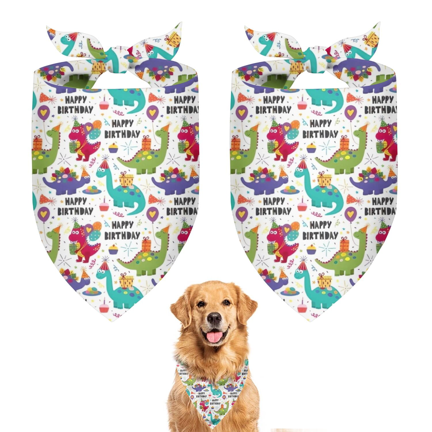 Dog Bandana 2 Pack,Colorful Dinosaurs Birthday Text Pattern Bandanas ...