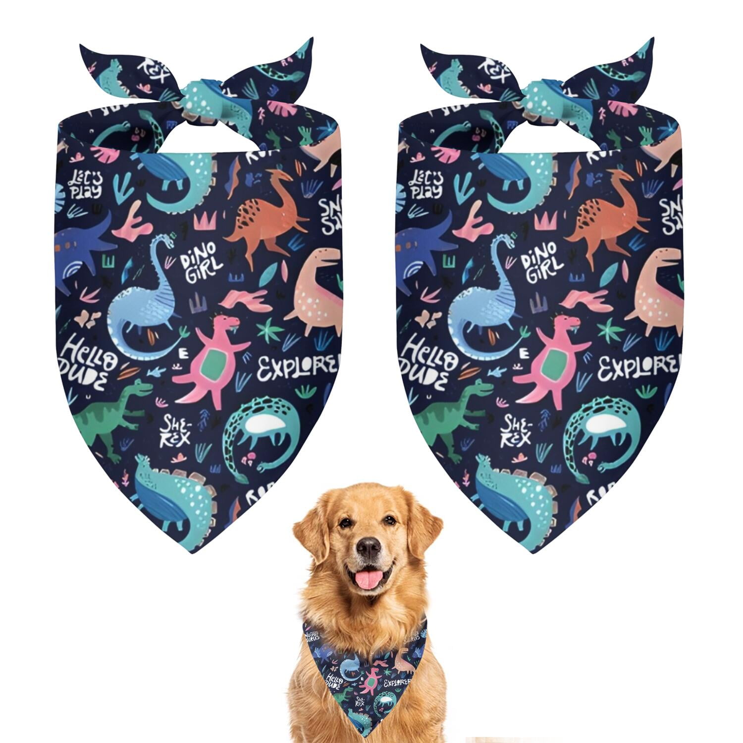 Dog Bandana 2 Pack,DarkBlue Cartoon Dinosaurs Text Pattern Bandanas for ...