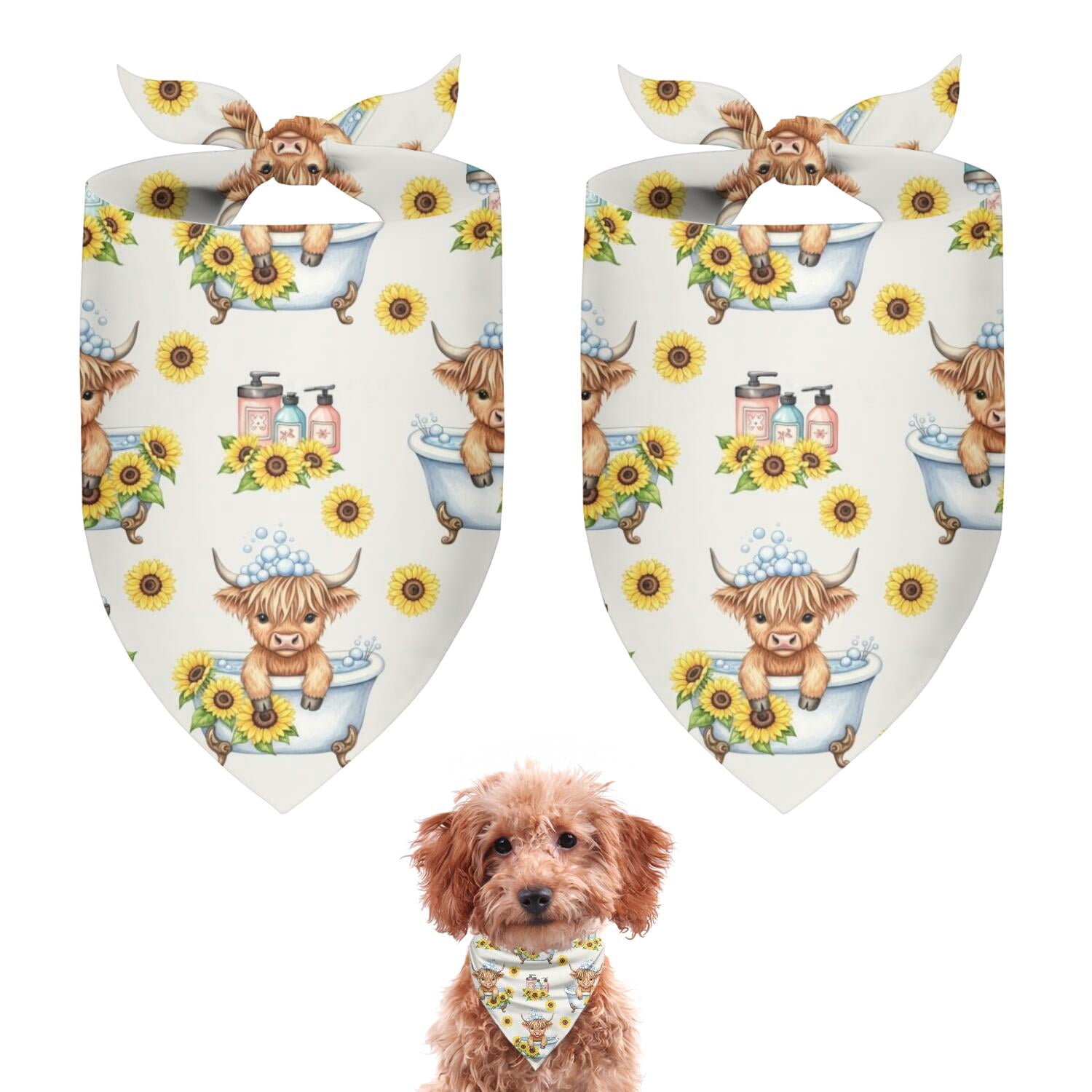 Dog Bandana 2 Pack,Gray Highland Cow Bathtub Sunflower Pattern Bandanas ...