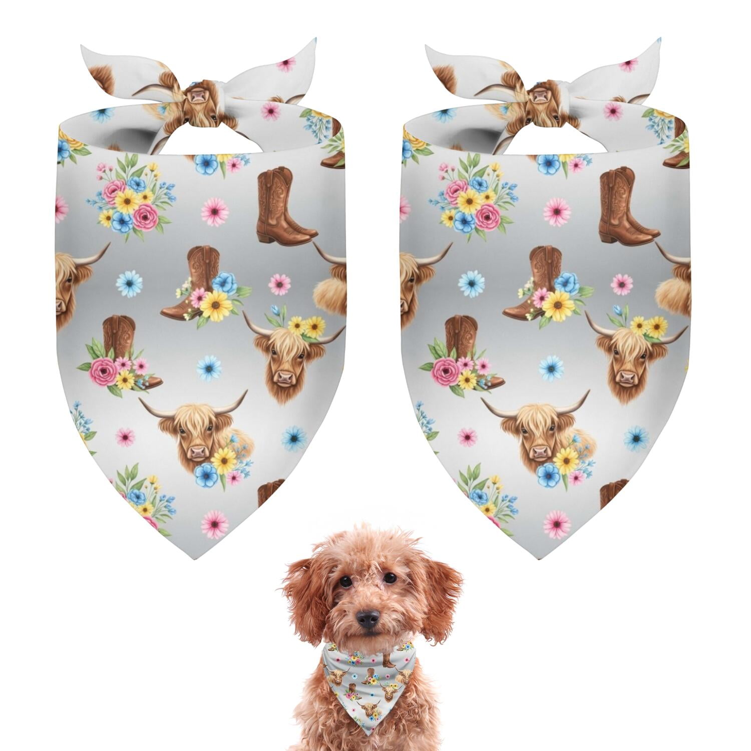 Dog Bandana 2 Pack,Gray Highland Cow Flower Boot Pattern Bandanas for ...