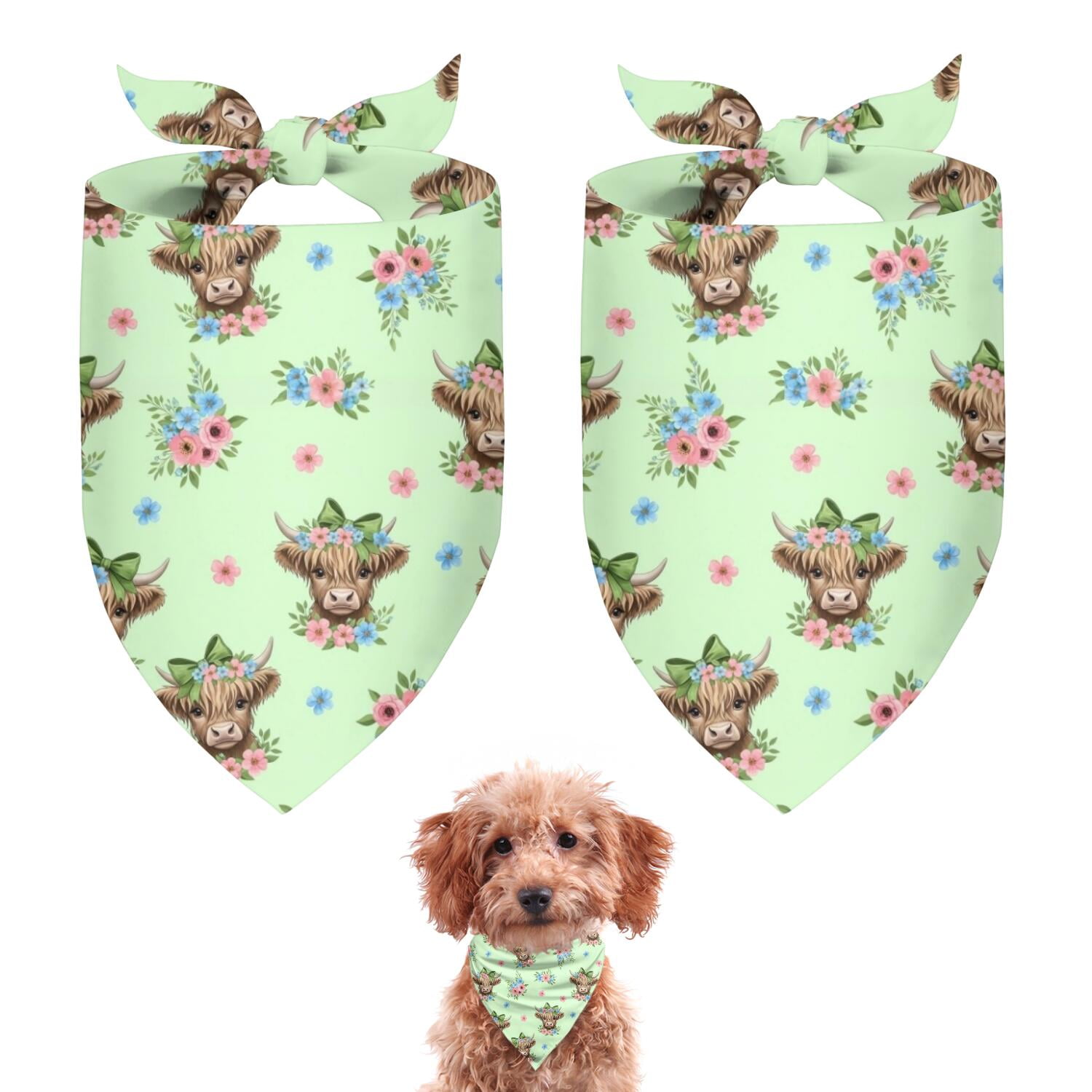 Dog Bandana 2 Pack,Green Highland Cow Flower Pattern Bandanas for Dogs ...