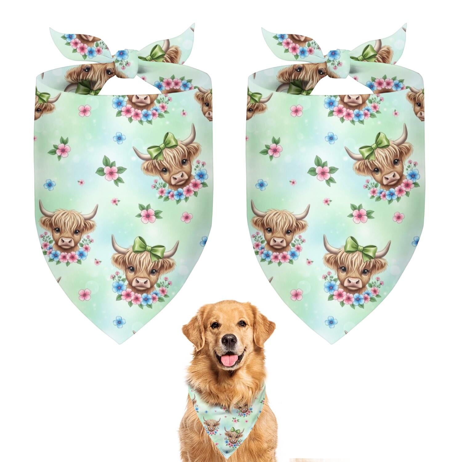 Dog Bandana 2 Pack,Green Highland Cow Flower Pattern Bandanas for Dogs ...