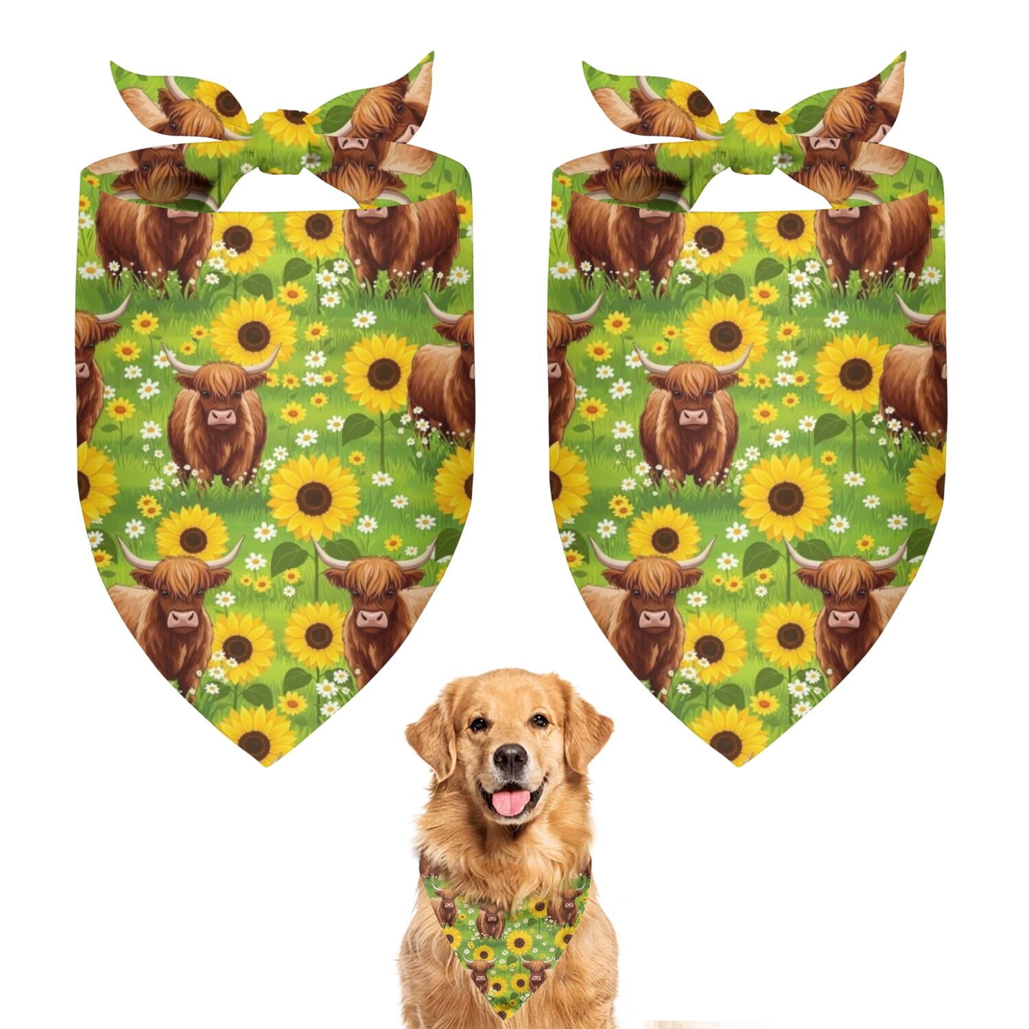 Dog Bandana 2 Pack,Highland Cow Sunflower Field Pattern Bandanas for ...